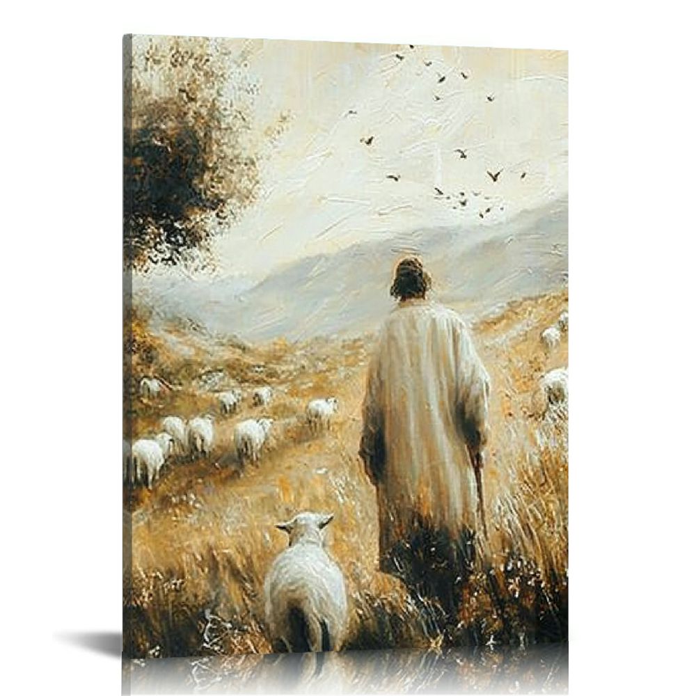 LHONGY Jesus Leaves Sheep Wall Art Jesus and Lamb Canvas Painting ...