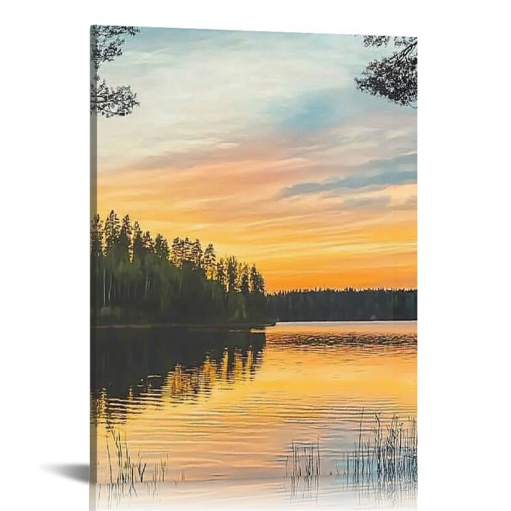 LHONGY Lake Canvas Wall Art Picture: Nature Scene Artwork Sunset Scenic ...