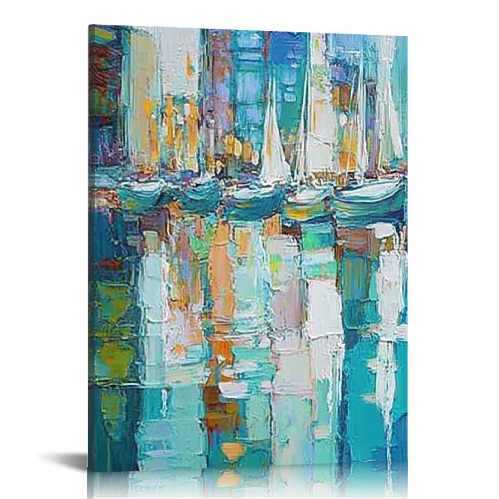 LHONGY Large Abstract City Landscape Wall Art Blue and Green Block ...