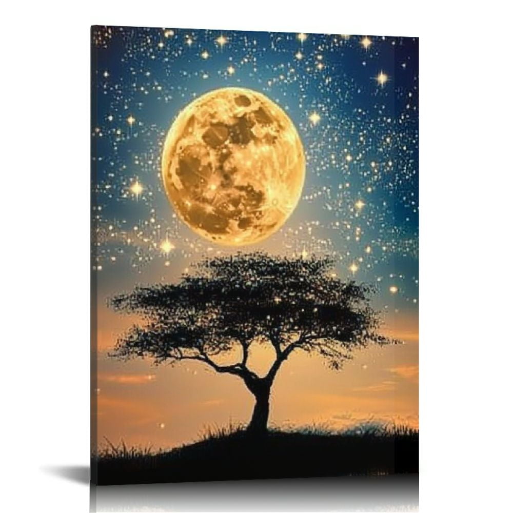 LHONGY Moon Ocean Canvas Wall Art Abstract Night Scene Coastal Artwork ...