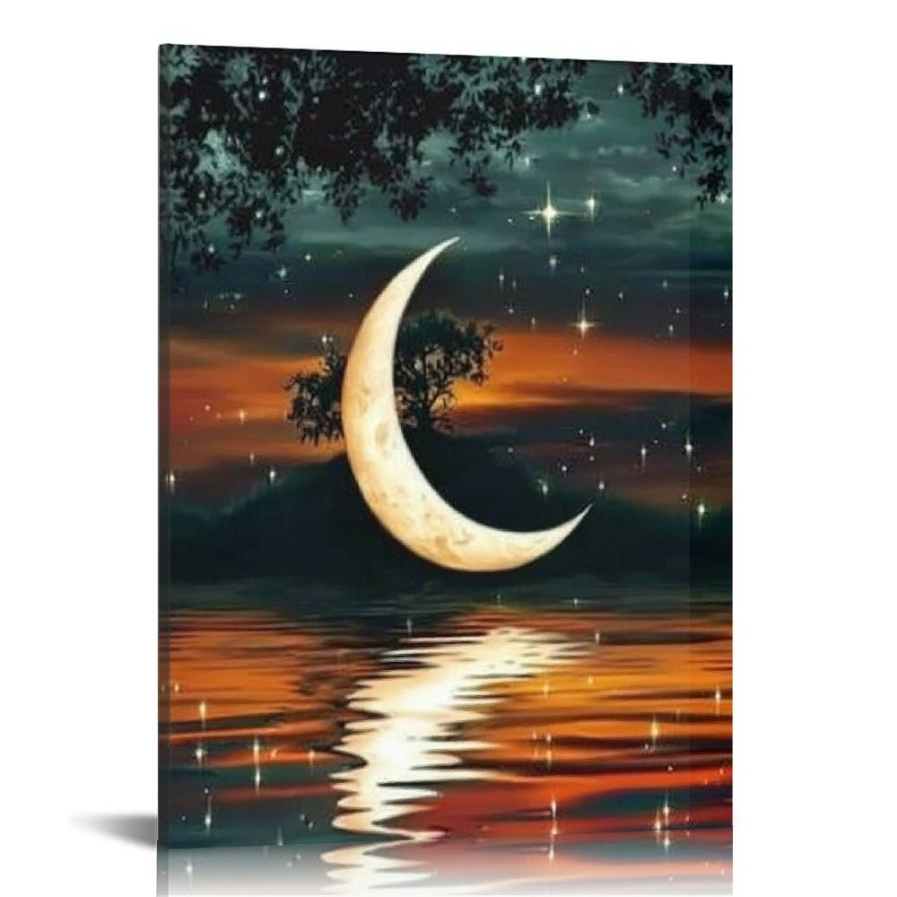 LHONGY Moon Ocean Canvas Wall Art Abstract Night Scene Coastal Artwork ...
