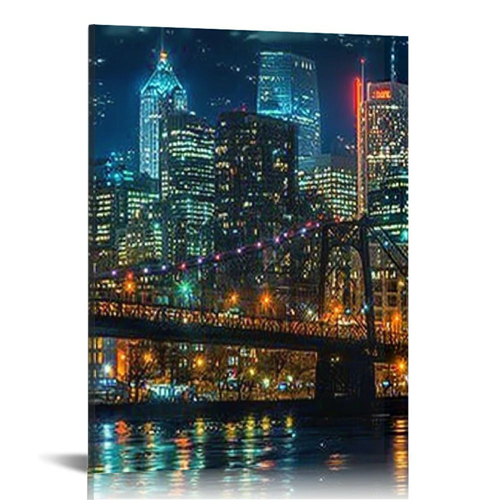 LHONGY Philadelphia Wall Art Cityscape Blue Night View Wall Decor for ...