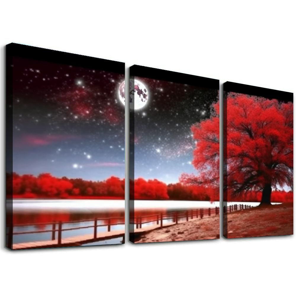 LHONGY Red Tree, Lake, Night Sky Wall Art Decoration Paintings 12x16in ...