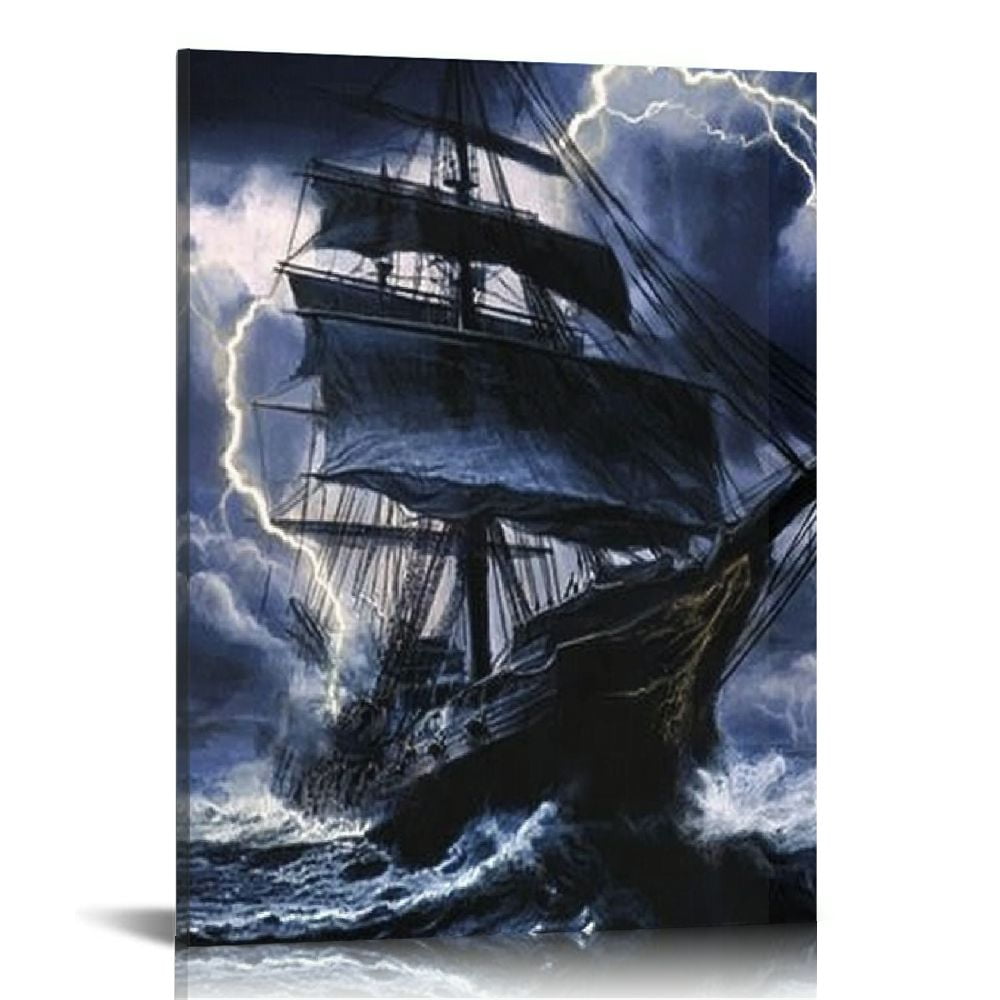 LHONGY Stormy Pirate Ship Poster Black Sailboat Poster Canvas Painting ...