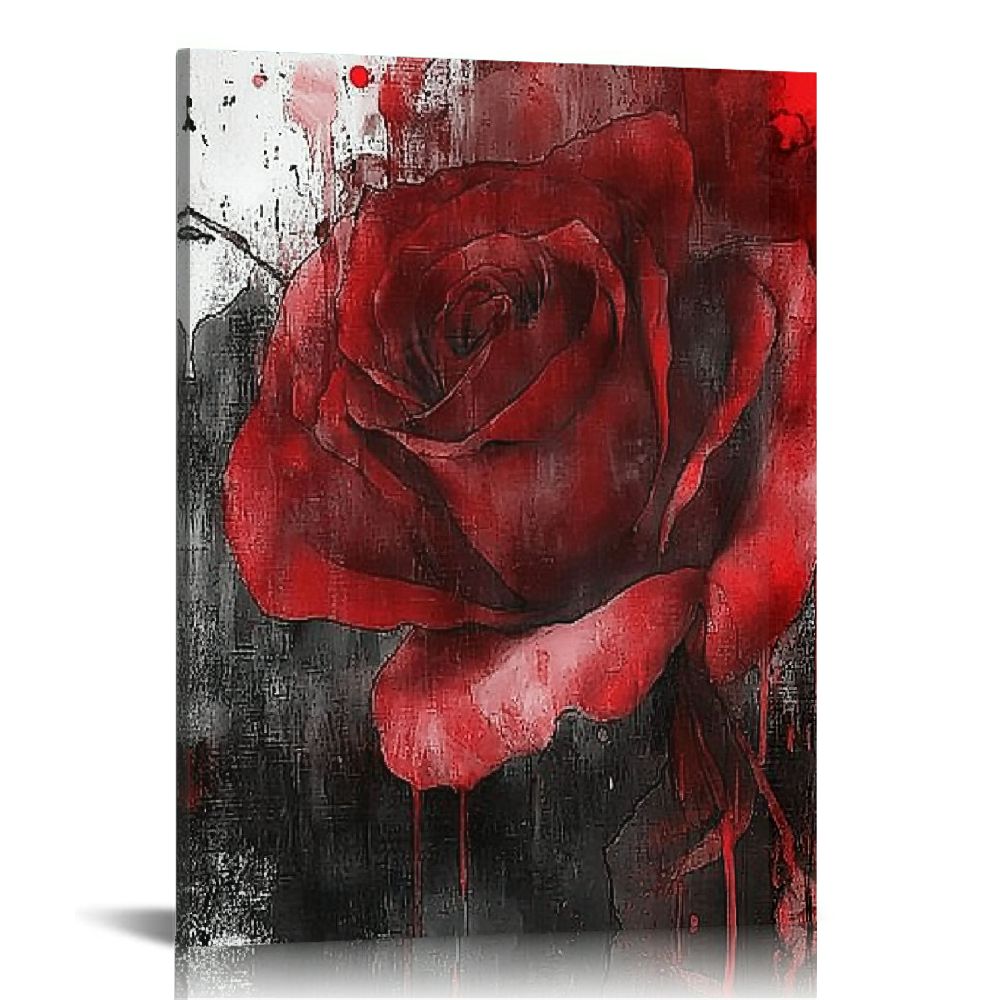 LHONGY Vintage Rose Painting Canvas Wall Art, Retro Black And White Red ...