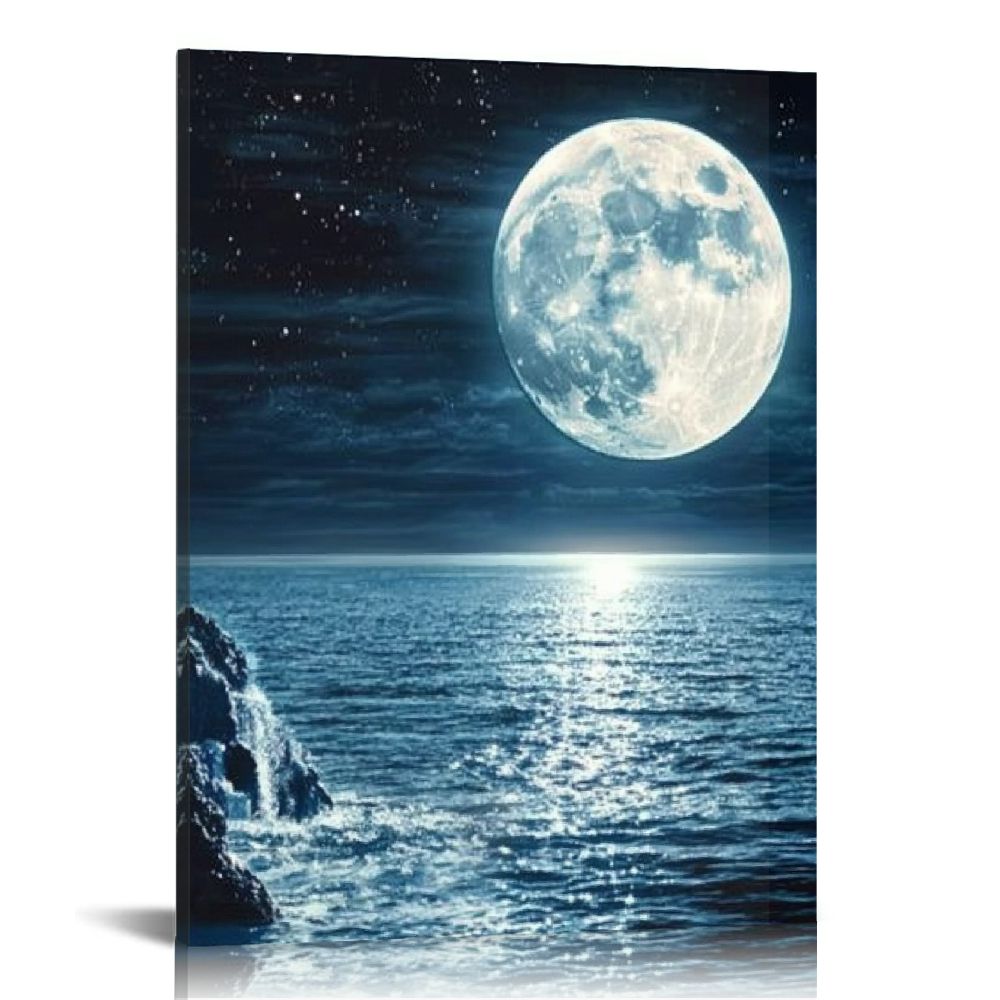 LHONGY Wall Art Canvas Print Moon Sea Ocean Landscape Full moon Picture ...