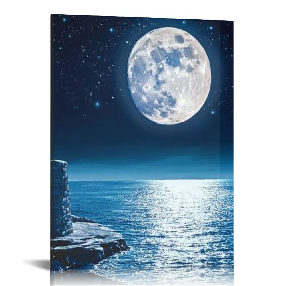 LHONGY Wall Art Canvas Print Moon Sea Ocean Landscape Full moon Picture ...