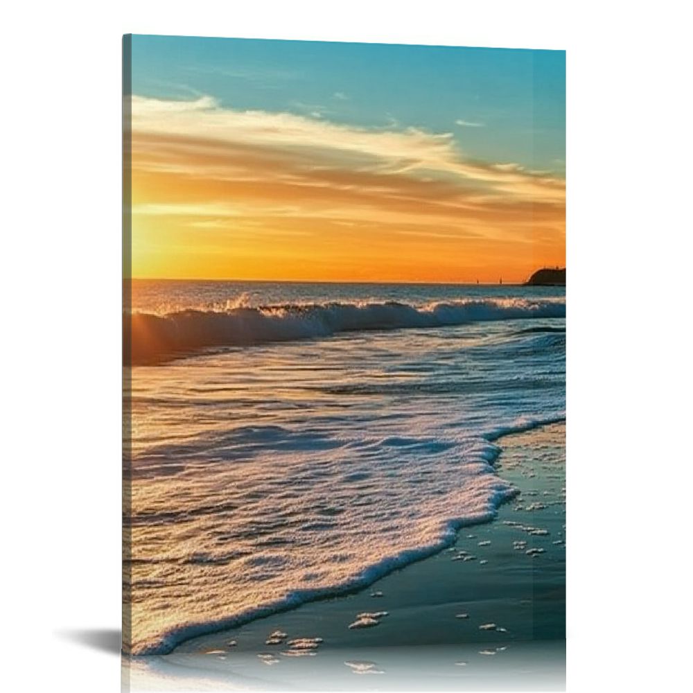 LHONGY Wall Art Canvas Print Orange Sunset Ocean Sea Water Beach Waves ...