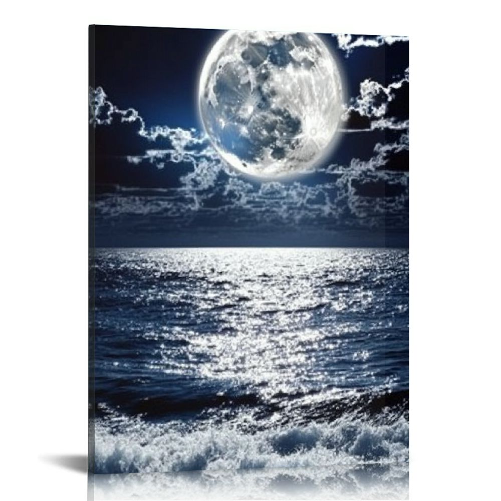 LHONGY Wall Art Canvas Prints Moon Sea Ocean Landscape Full Moon in ...