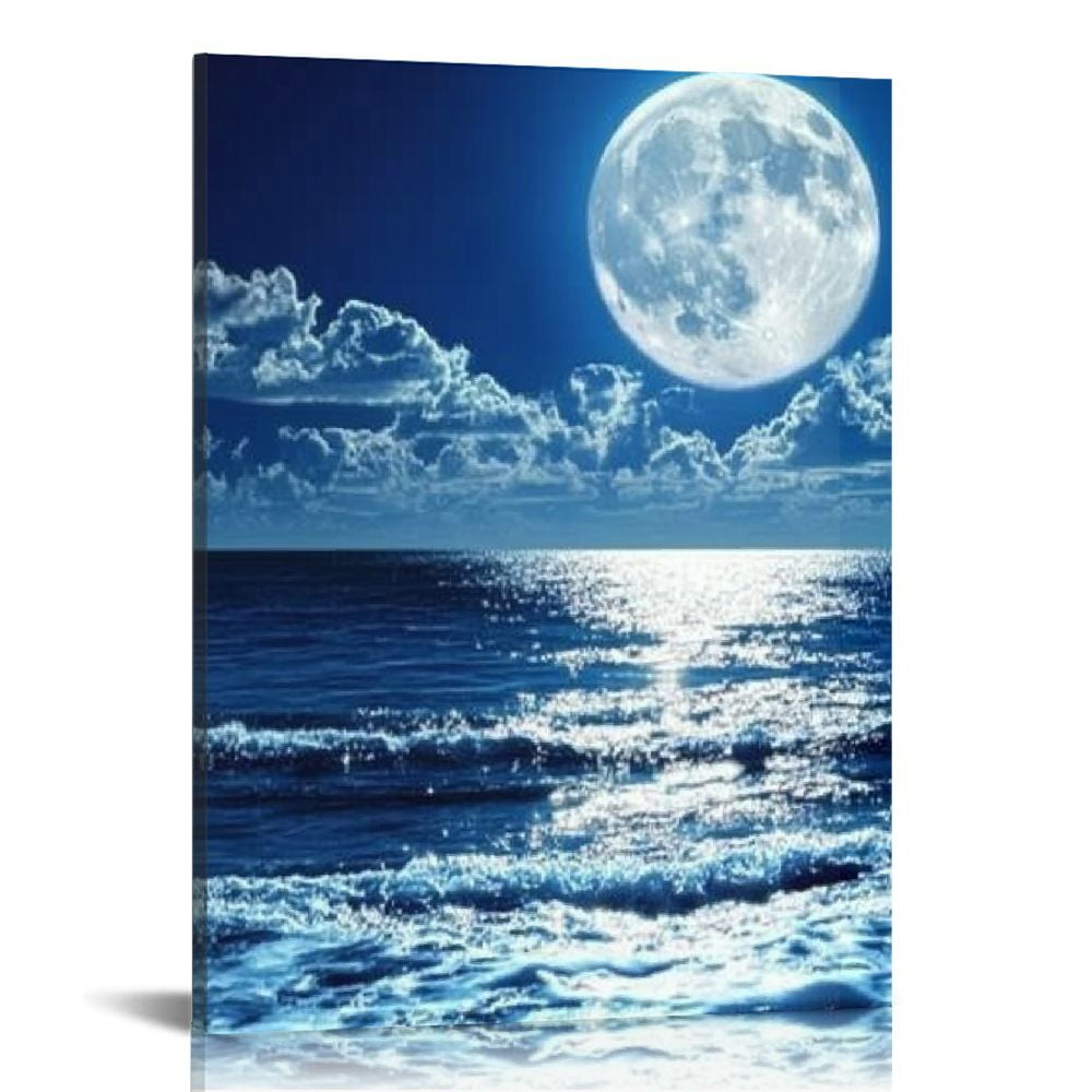 LHONGY Wall Art Canvas Prints Moon Sea Ocean Landscape Full Moon in ...