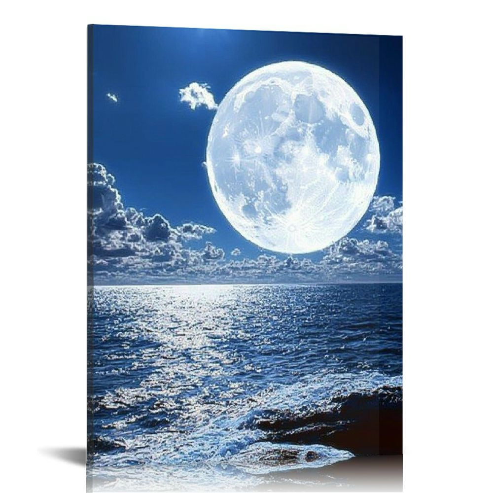 LHONGY Wall Art Canvas Prints Moon Sea Ocean Landscape Full Moon in ...