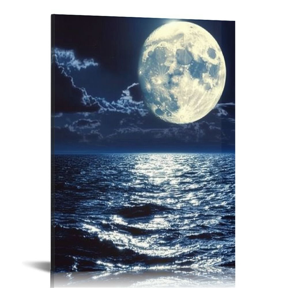 LHONGY Wall Art Canvas Prints Moon Sea Ocean LandscapeFull Moon in ...