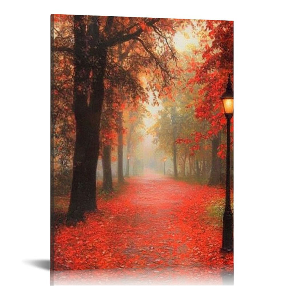 LHONGY Wall Art Red Maple Forest Autumn Maple Leaves and Road Landscape ...