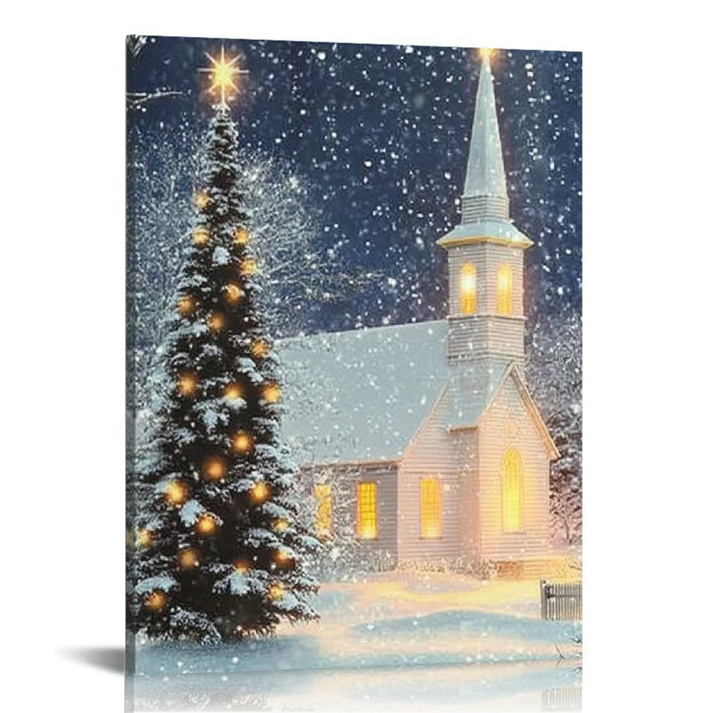 LHONGY Winter Church Snowfall Lighted Canvas Wall Art Print With Timer ...