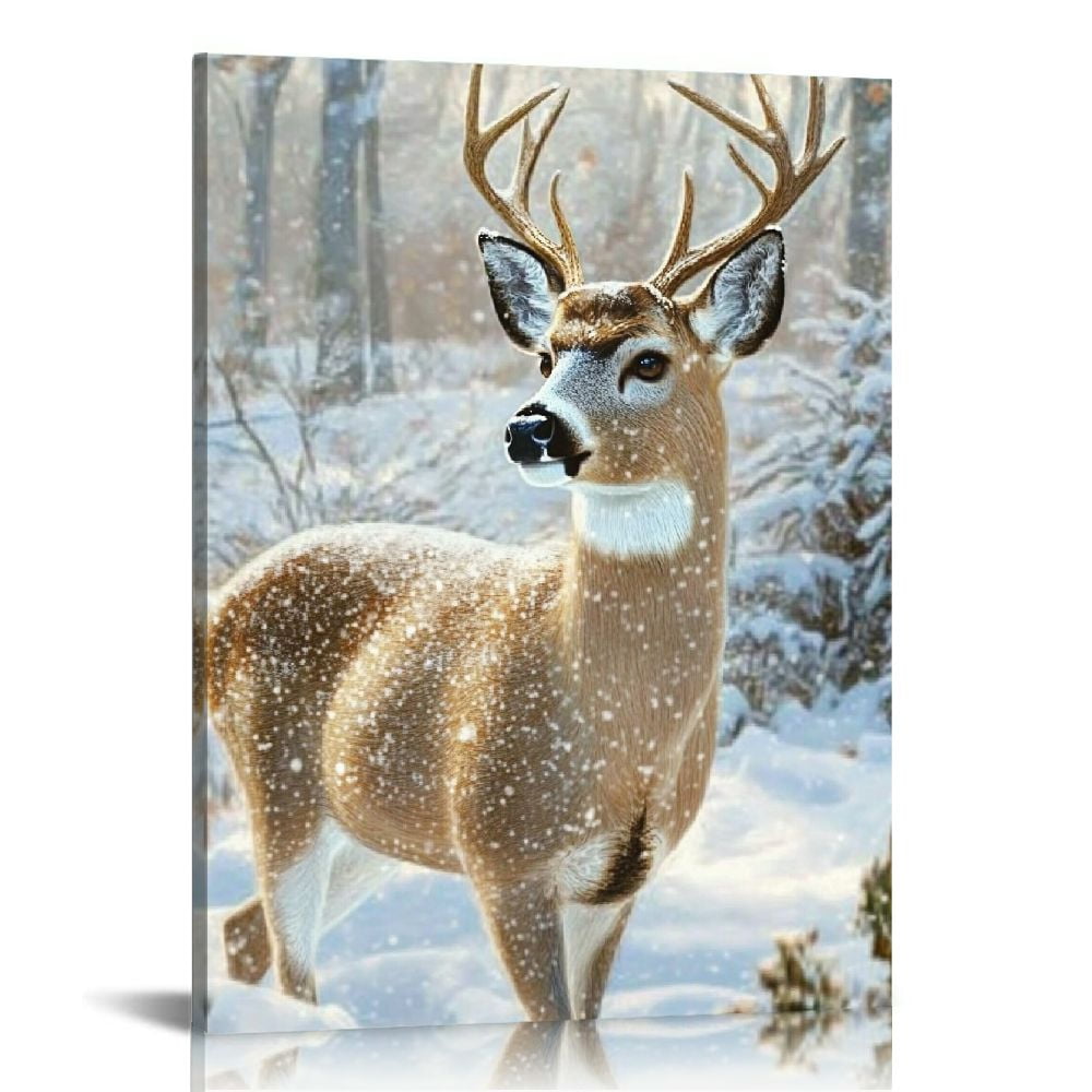 LHONGY Winter Deer Pictures Snowy Christmas Deer Canvas Art Christmas ...