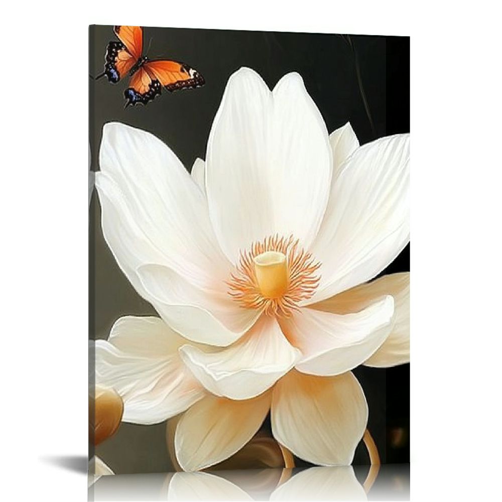 LHONGY Zen Stone Wall Art White Water Lily Flower and Butterfly Canvas ...