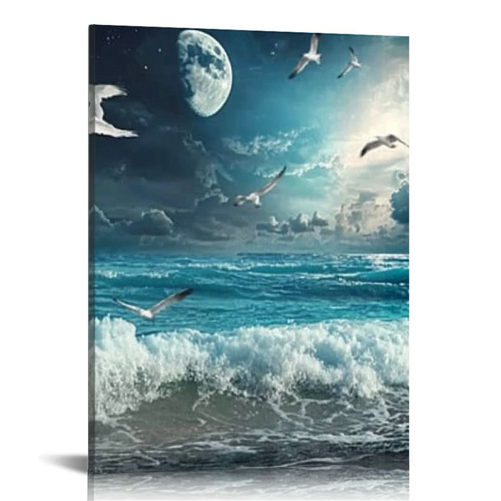 LHONGY large Moon Ocean Wall Art Seascape Painting Sea Pictures Canvas ...
