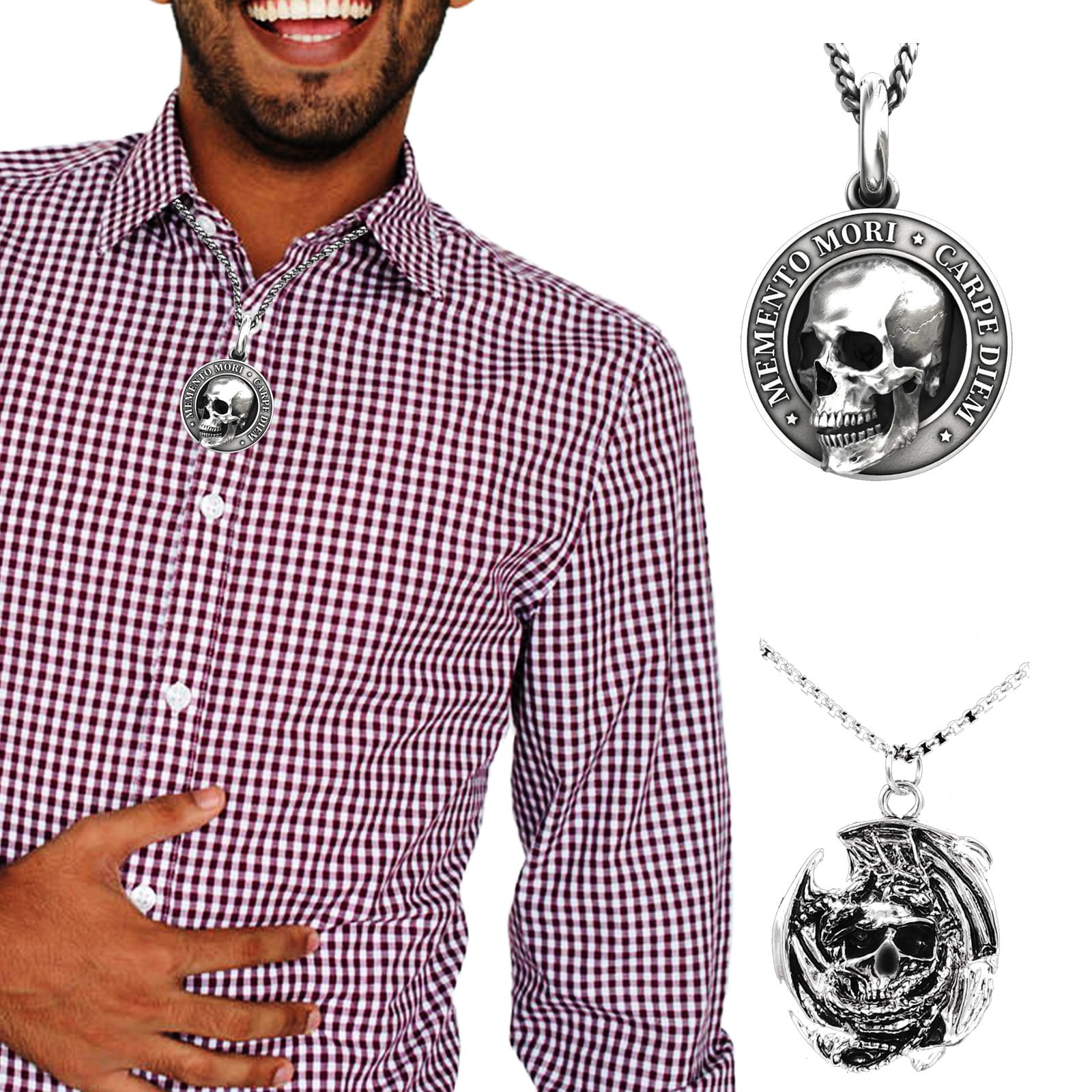 LHOO Memento Mori Carpe Diemm Skull Necklace for Men Stainless Steel ...
