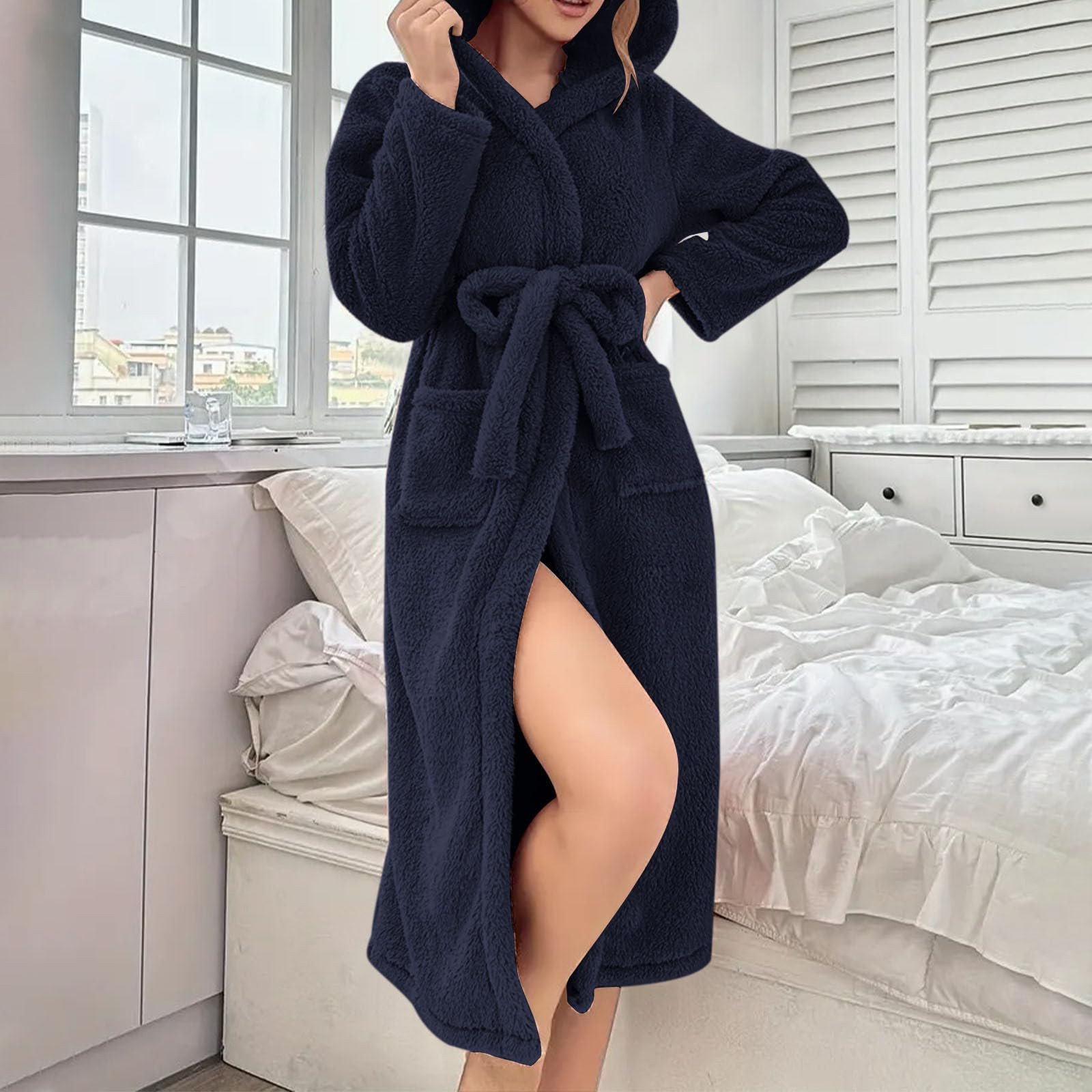 LHOPY Hooded Fleece Robe Long Length Bathrobe Belted Soft Bath Robes ...
