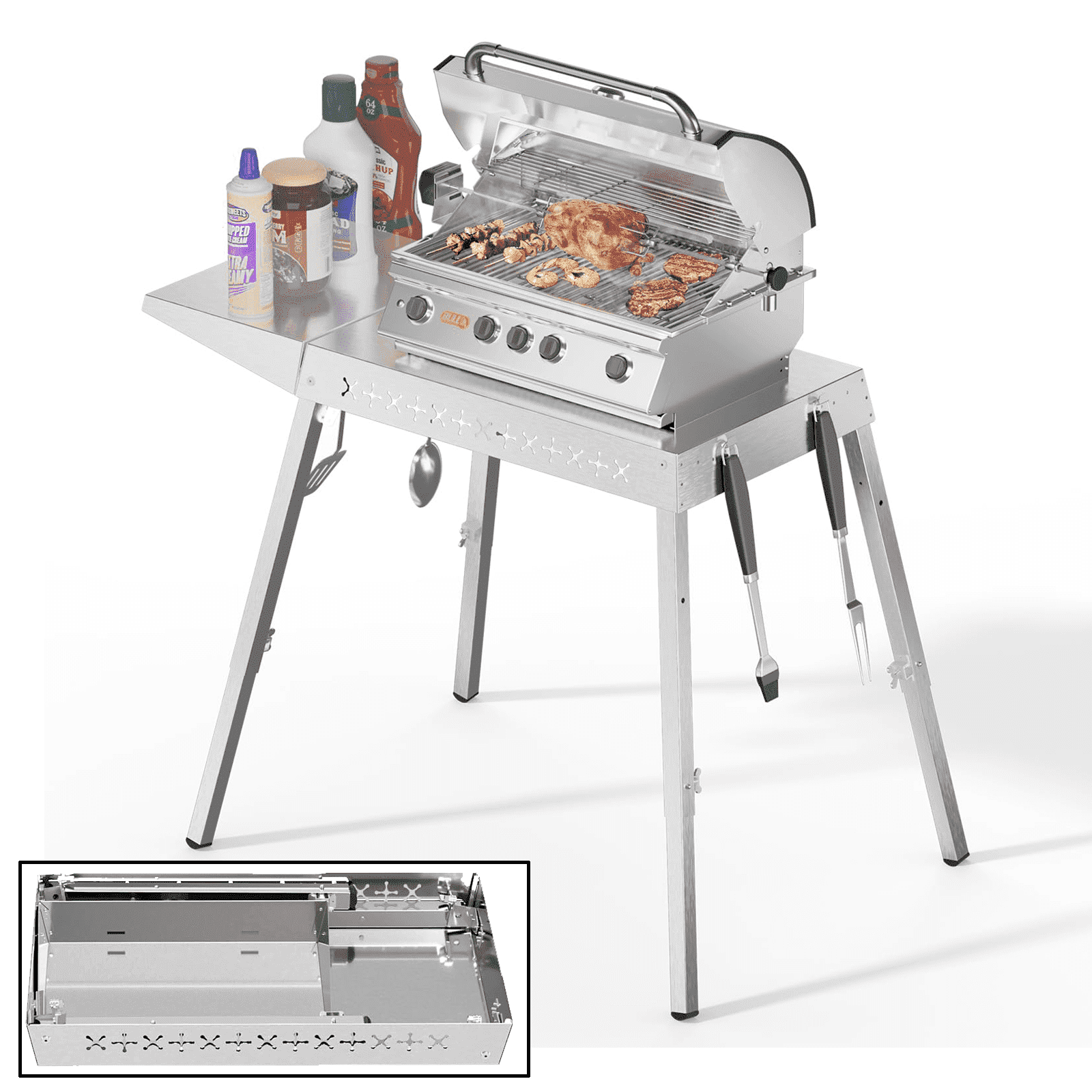 LHRIVER Food Grade 304 Stainless Steel BBQ Grill Table, Adjustable Legs ...