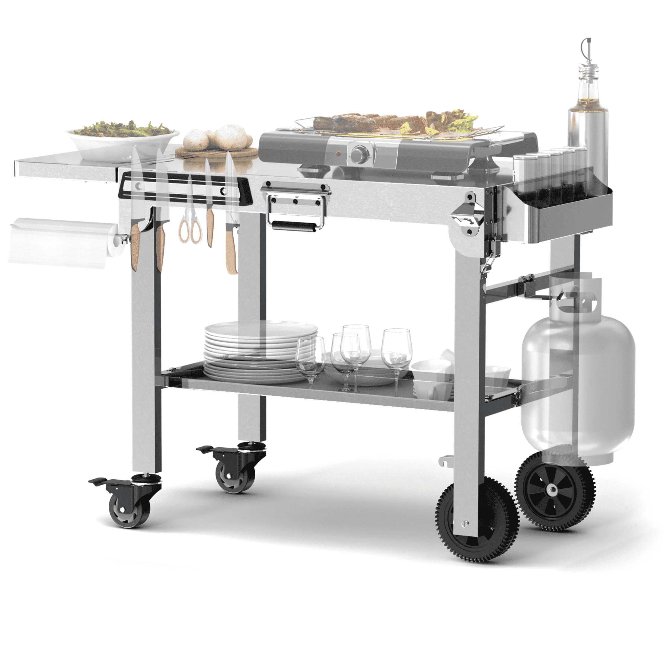 LHRIVER Folding Outdoor Grill Cart, Stainless Steel Portable BBQ Dining ...