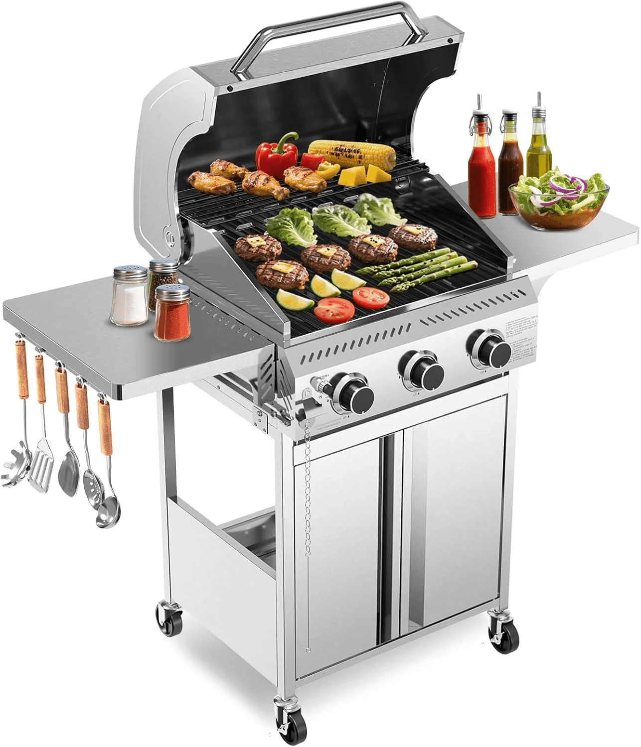 LHRIVER Stainless Steel Gas Grill, 3 Burner BBQ Grill with Tool Holders ...