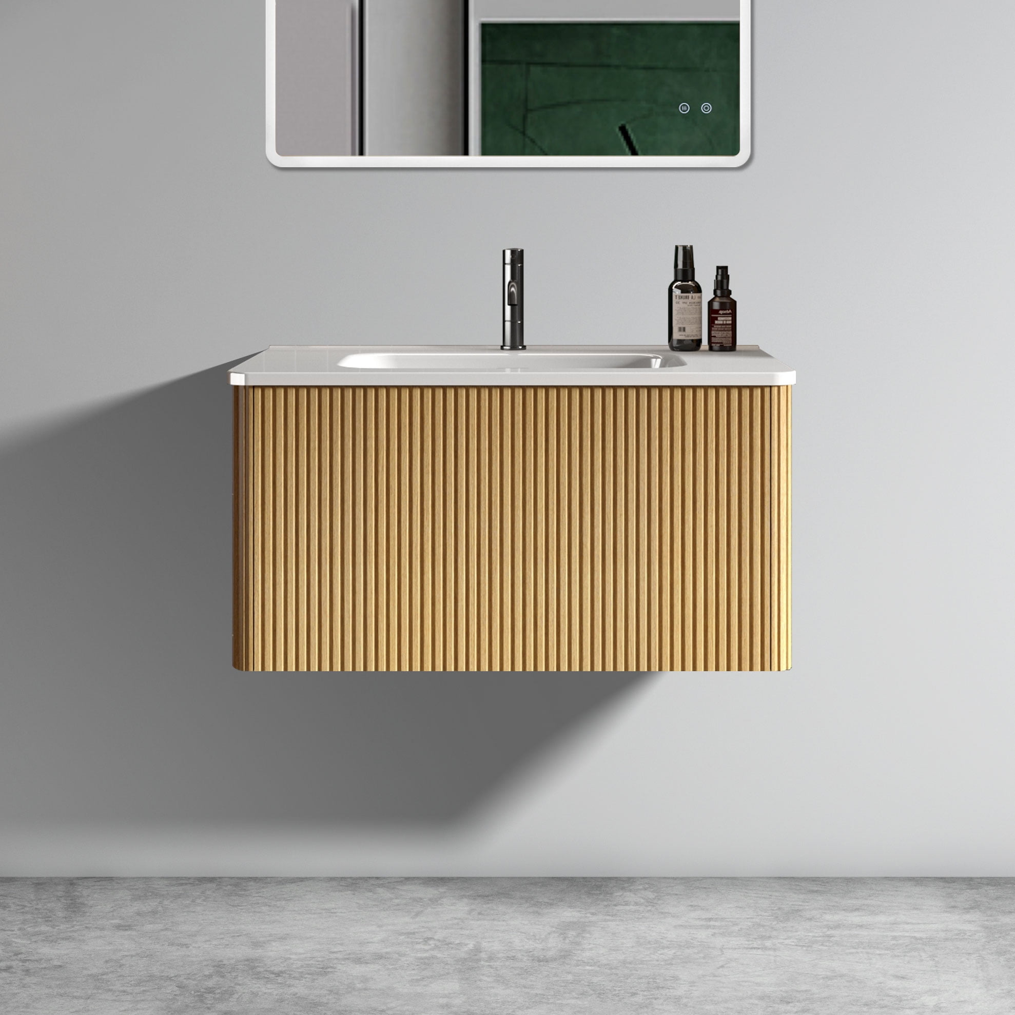 LHSHID 30"Striped Natural Oak Bathroom Vanity with White Ceramic Sink ...