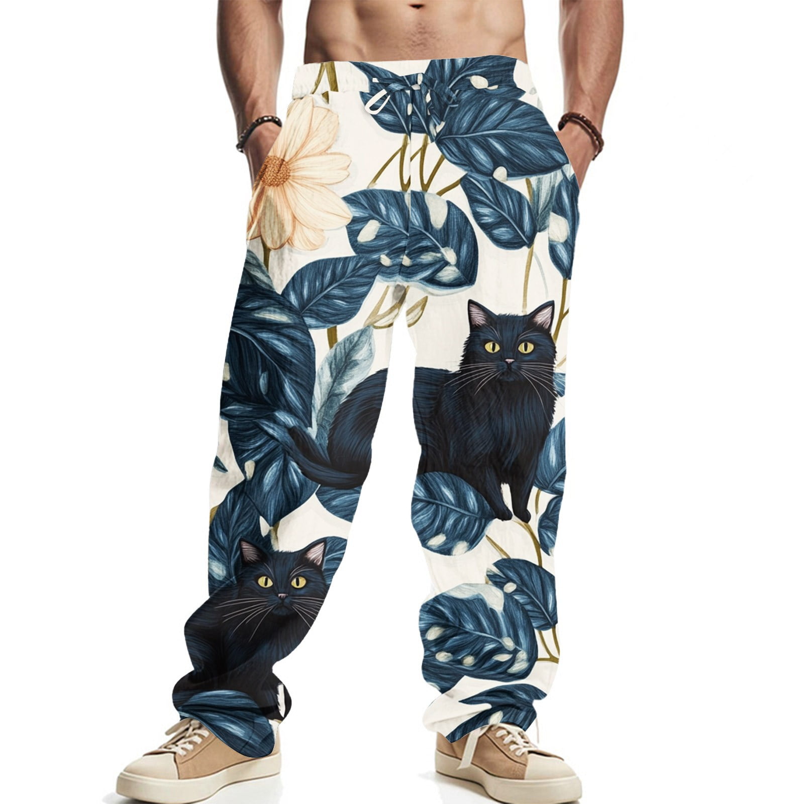 LHVUOA 2025 Summer Fall Linen Pants for Men Casual Tropical Printed ...