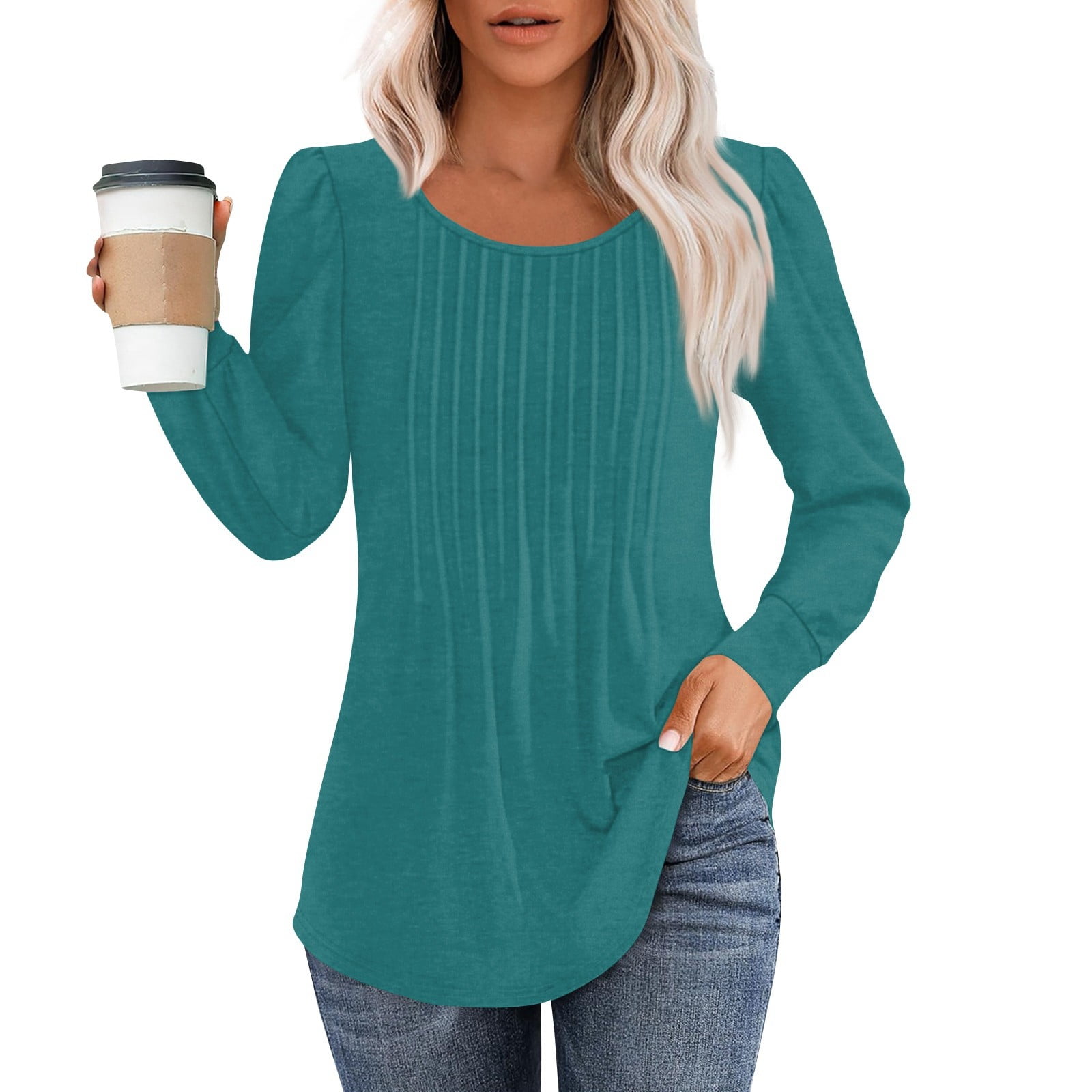 LHVUOA Tunics for Women Dressy Casual Blouses Pleated Scooped Neck ...