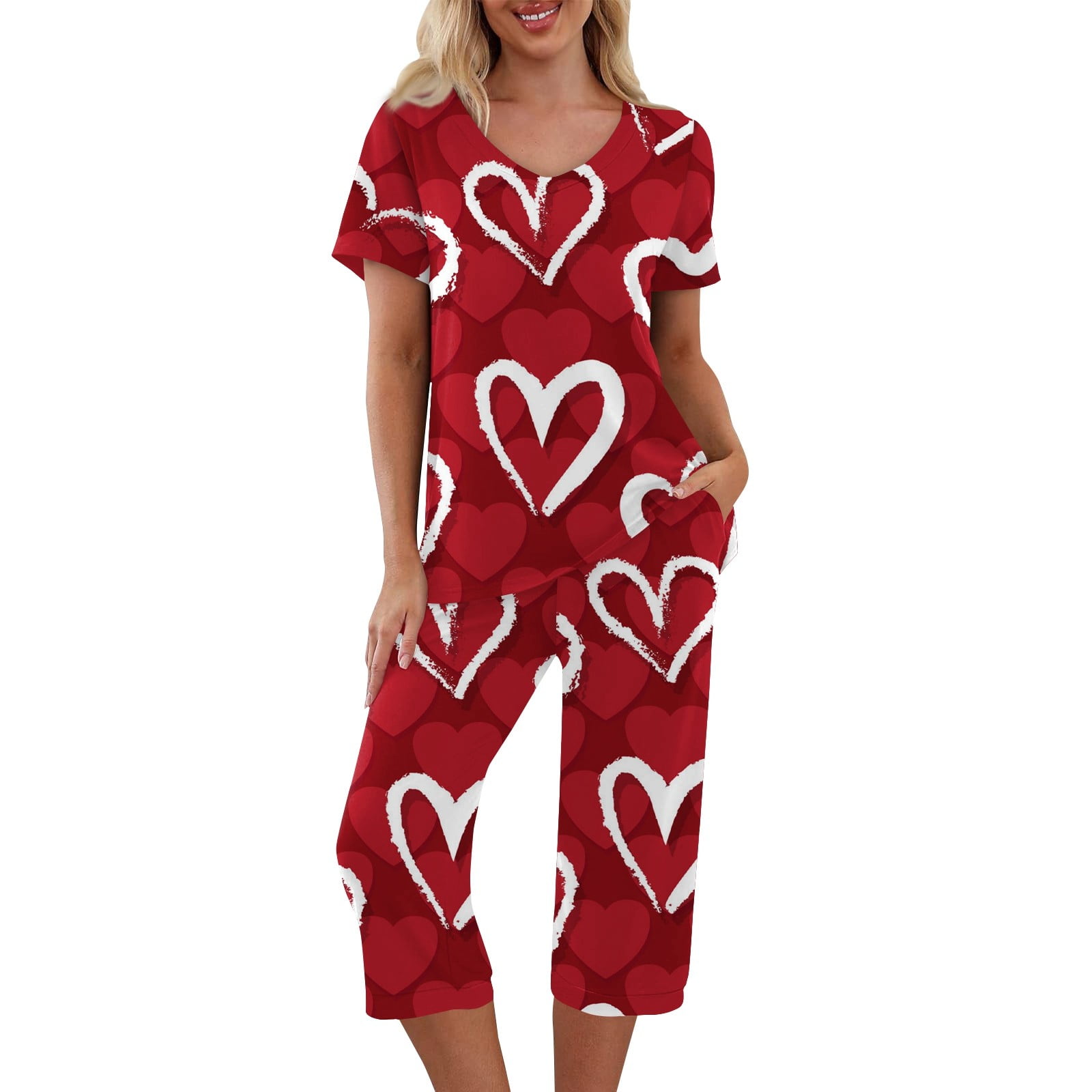 LHVUOA Valentine Day Pajamas Set for Women Heart Print Nightwear Short ...