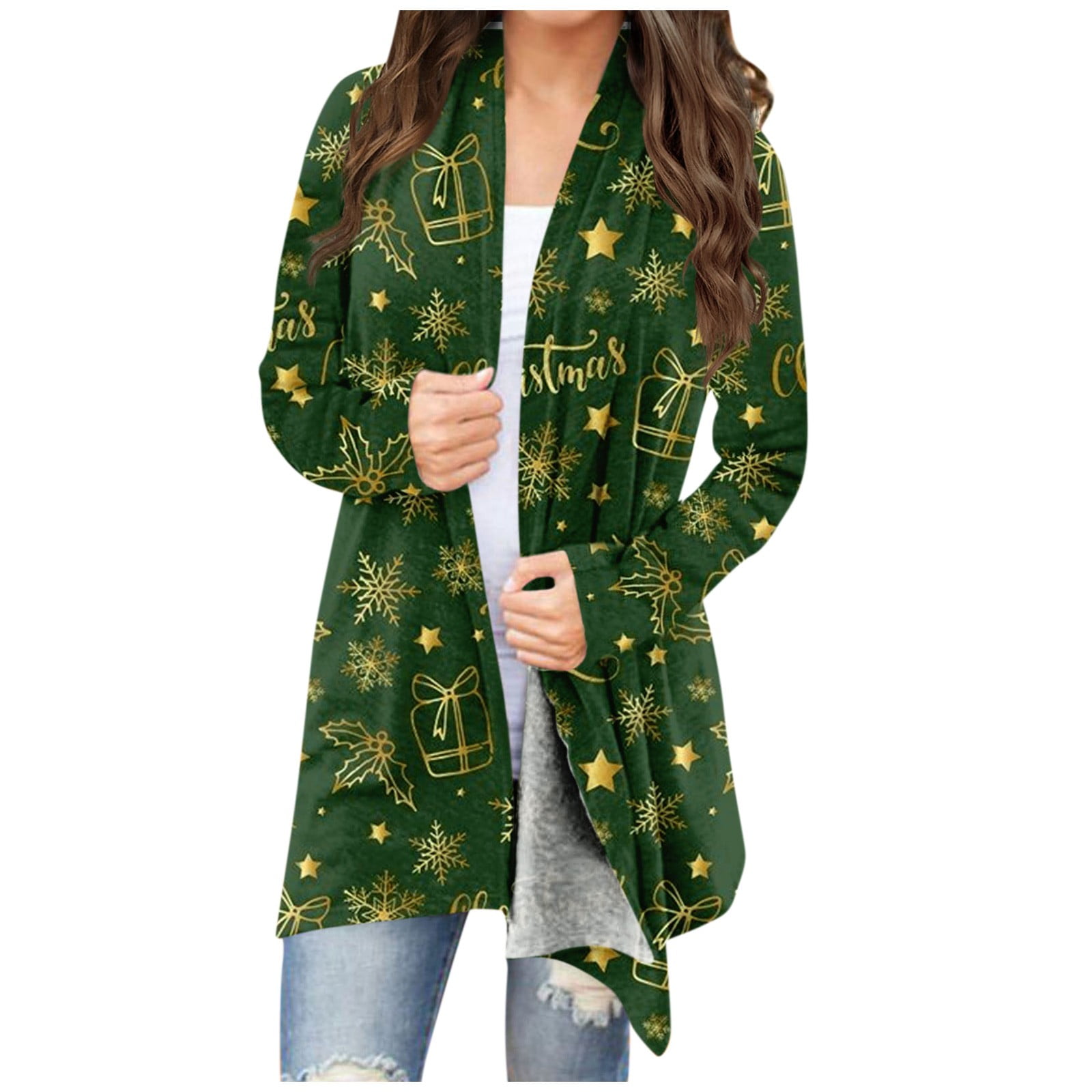 LHVUOA Women Christmas Cardigan Open Front Xmas Tree Sweater Long Sleeve Shirts Plus Size ...