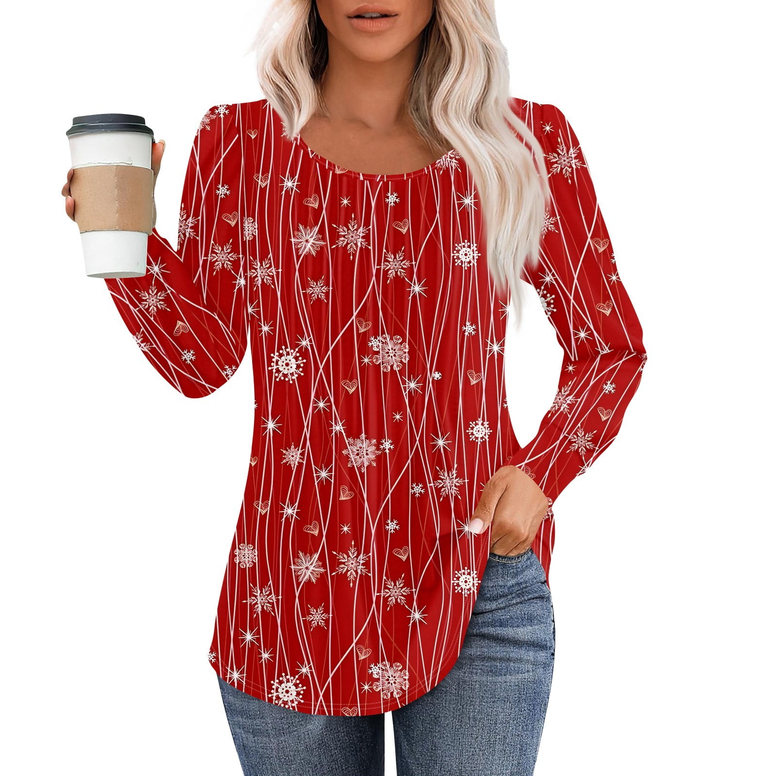 LHVUOA Womens Christmas Shirts Pleated Scooped Neck Long Sleeve Tunic ...