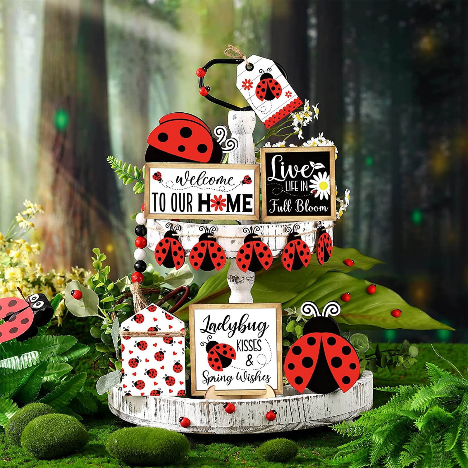 LHWEN 12pcs Red Ladybug Tiered Tray Decor Set Wood Sign Country ...