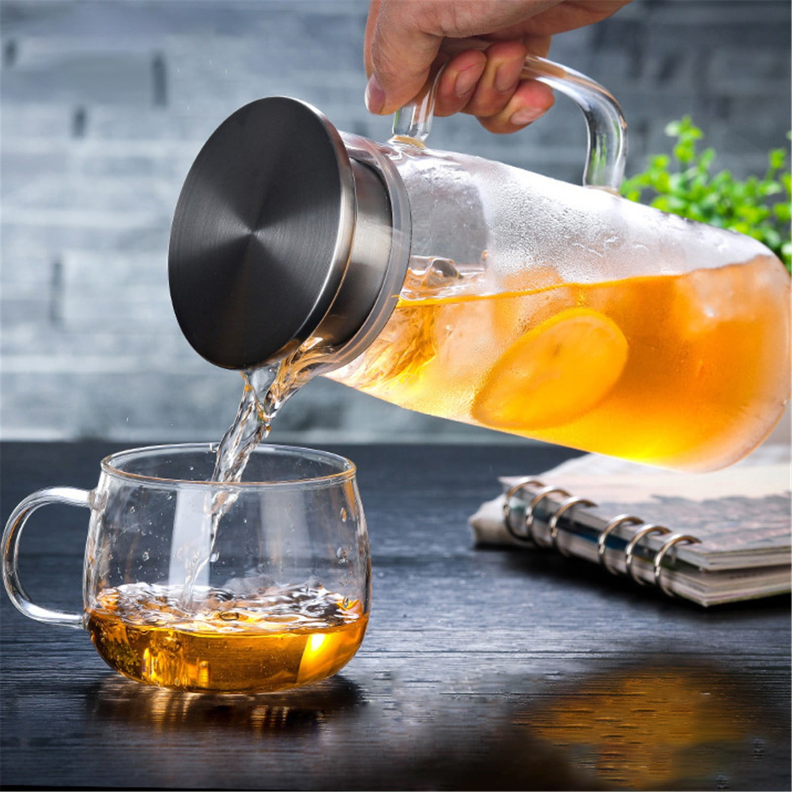 LHWEN 1500ml Glass Water Pitcher with Stainless Lid Juice Milk Beverage ...