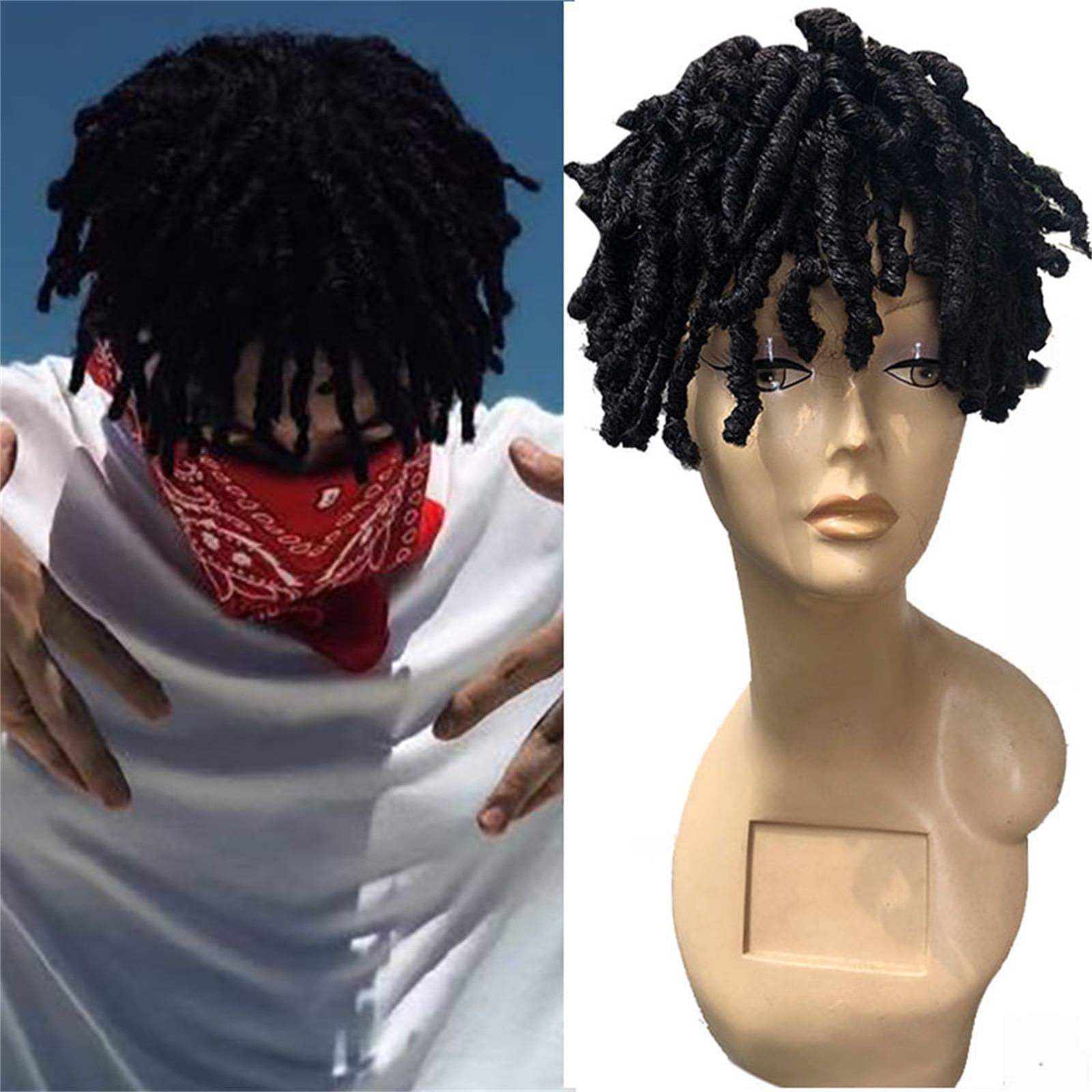 LHWEN Black Wig Dreadlocks Short Hair Hip Hop Synthetic Fiber Manikin ...