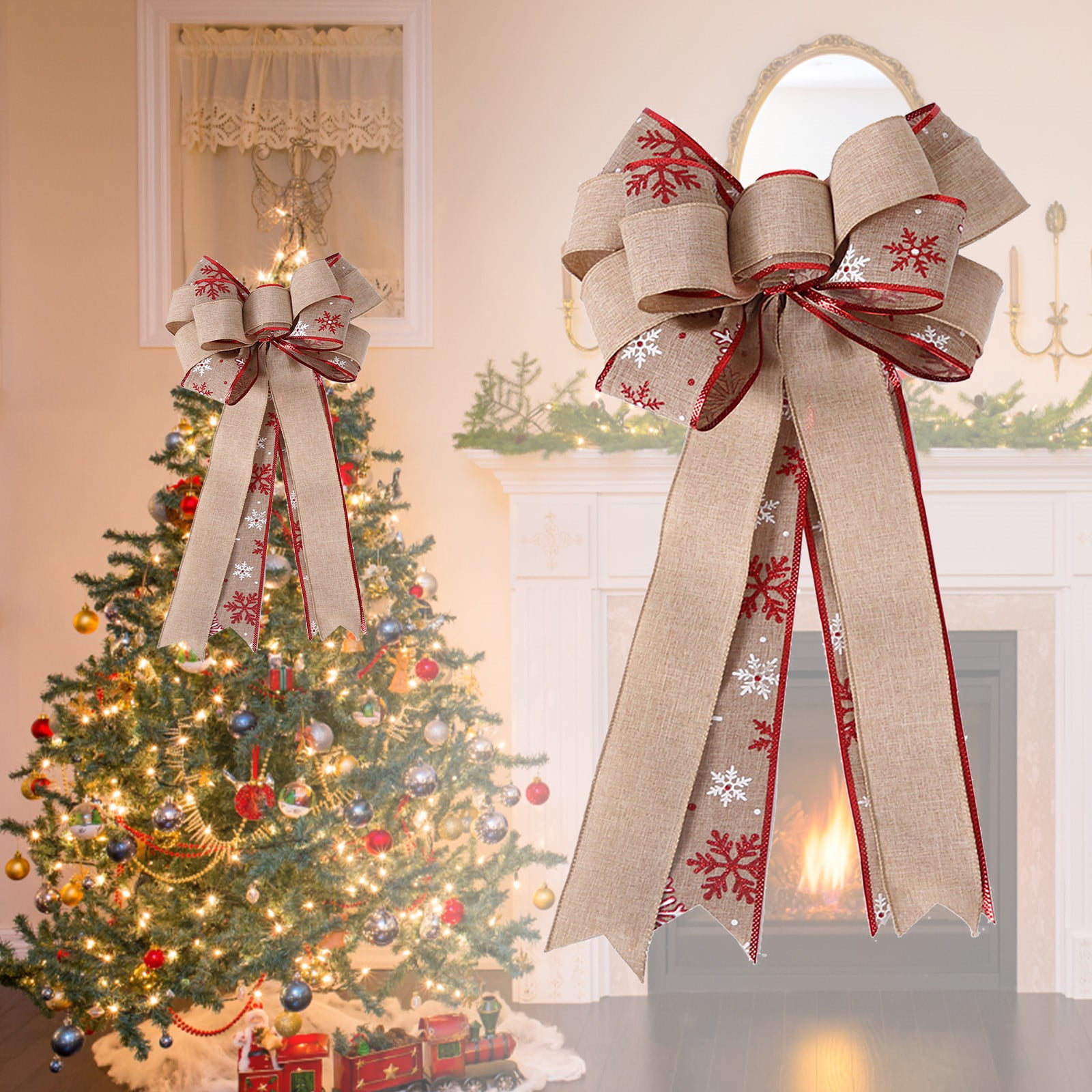 LHWEN Christmas Decoration Large Burlap Bow Double Layer for Tree ...
