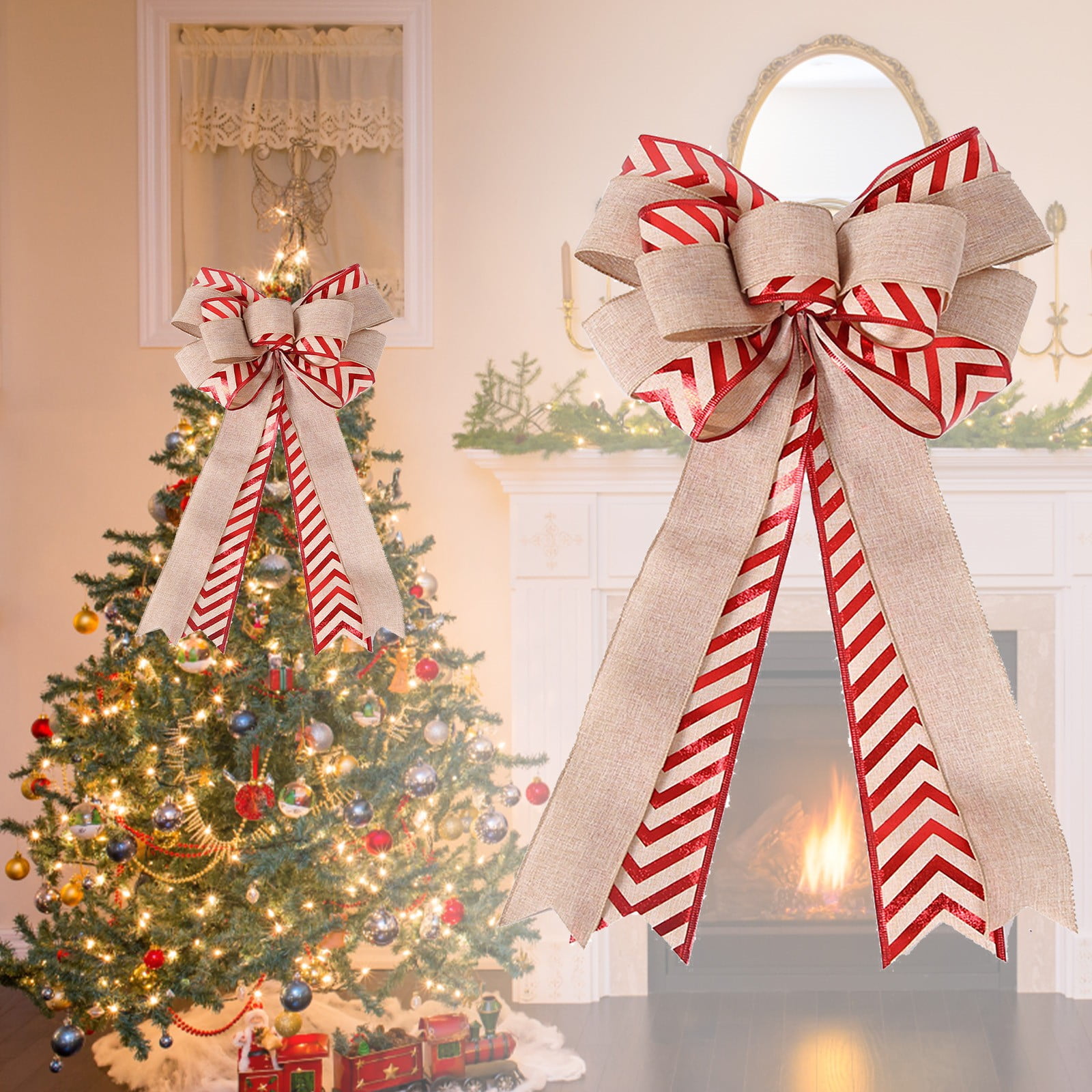 LHWEN Christmas Decoration Large Burlap Bow Double Layer for Tree ...