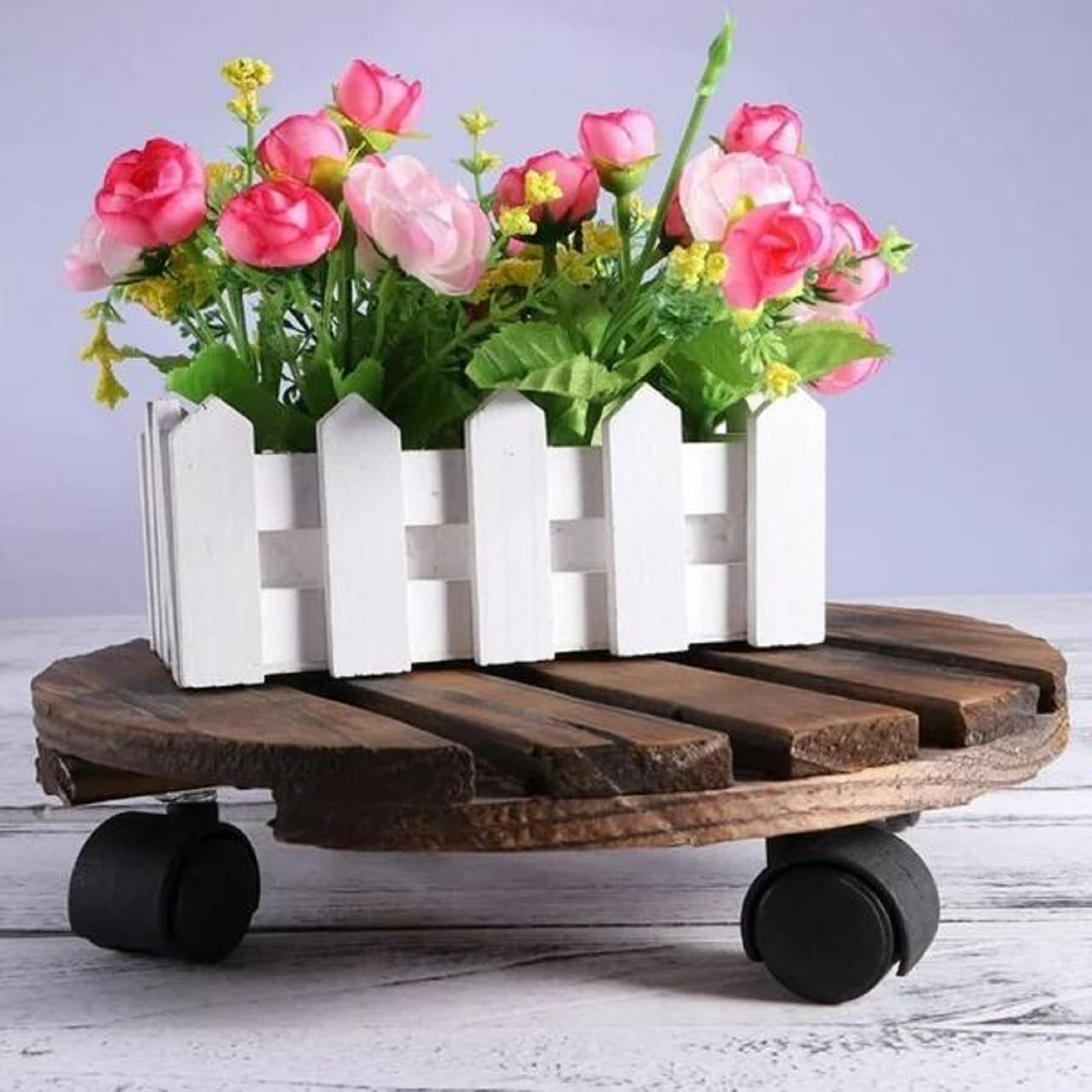 LHWEN Decorative Cedarwood Movable Flower Pot Rack with Wheels 25cm ...