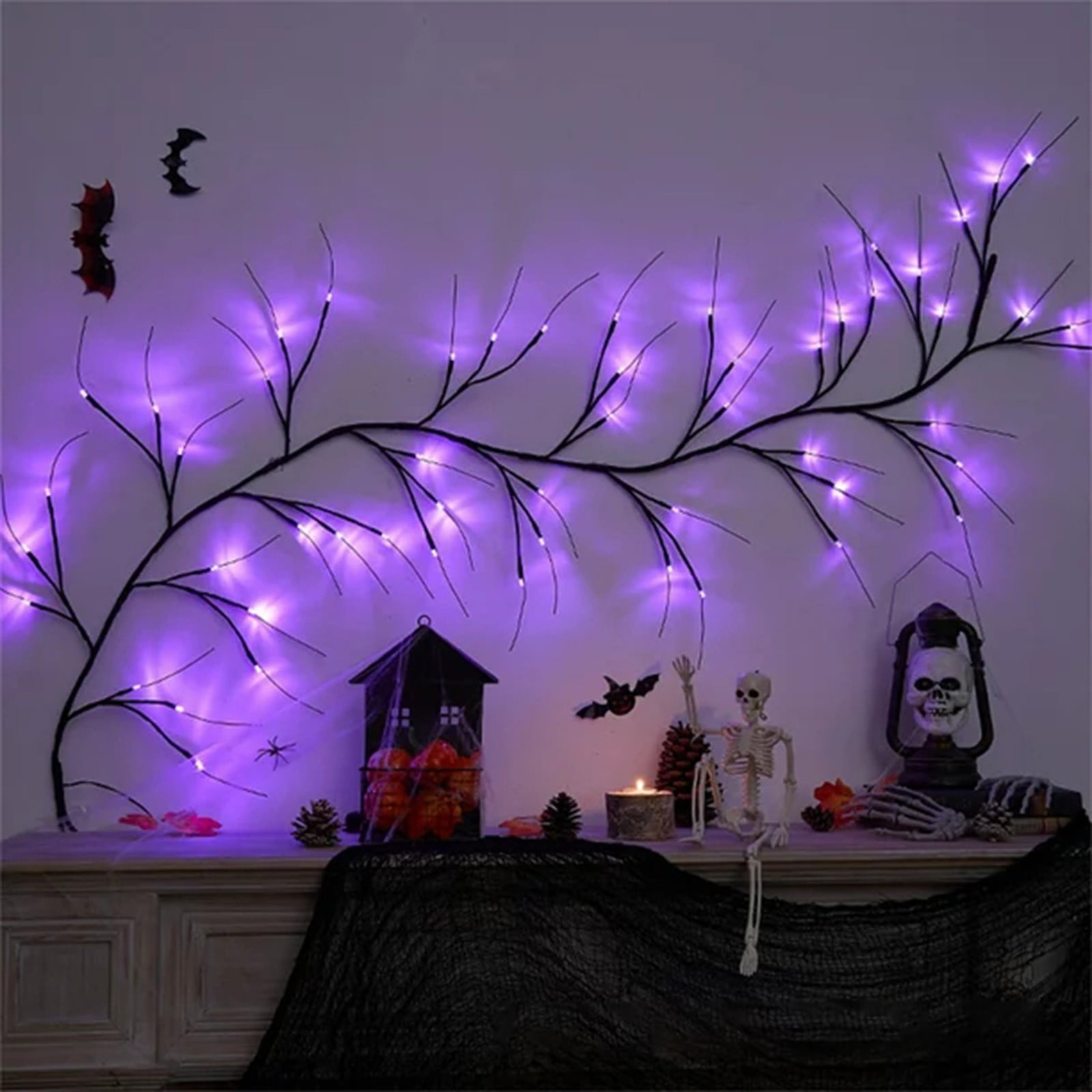 LHWEN Halloween LED Lights Vine Twig Decor Garland Bat Lights Timer 8 ...