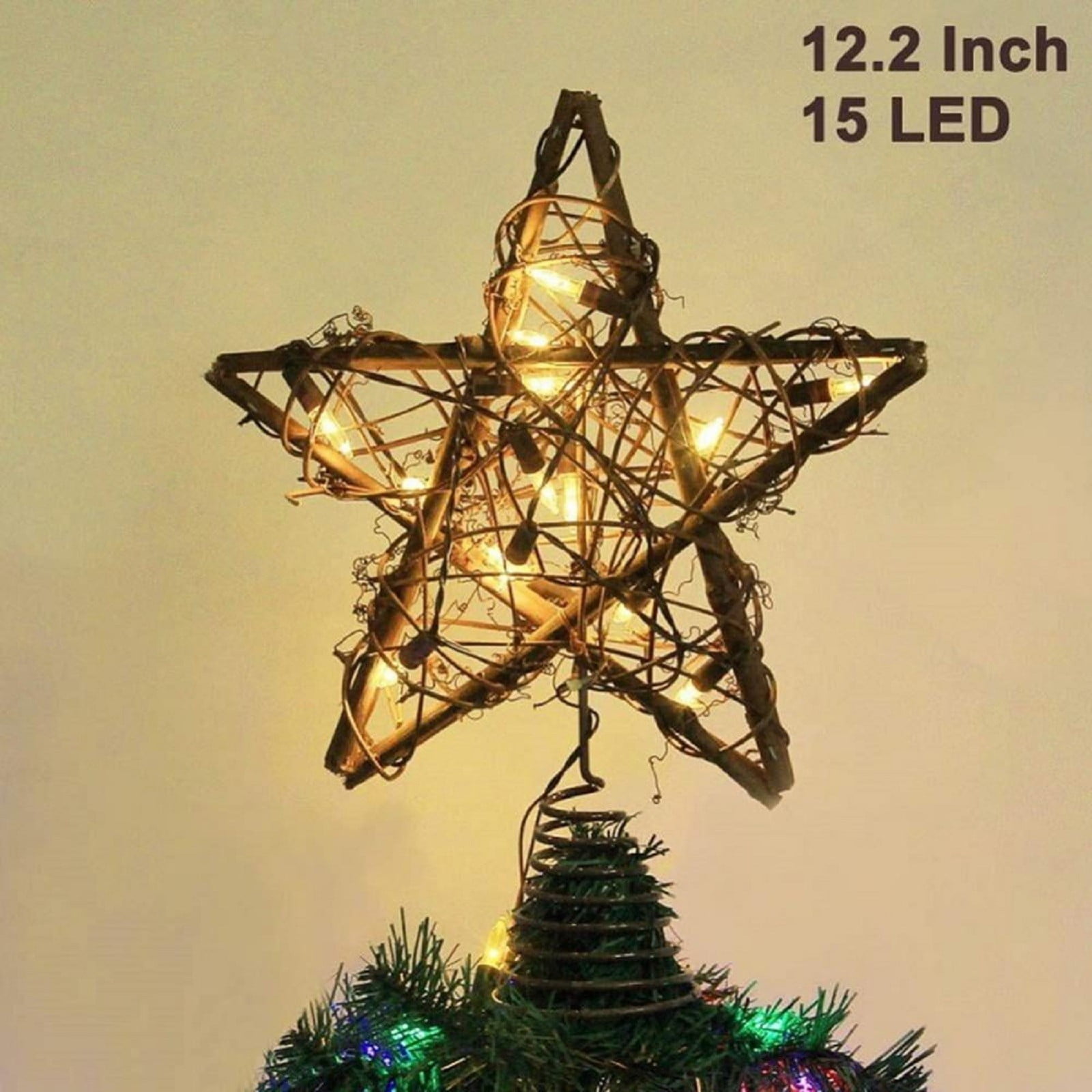 LHWEN Rattan Star Tree Topper Christmas Rustic LED Light Up Decoration ...