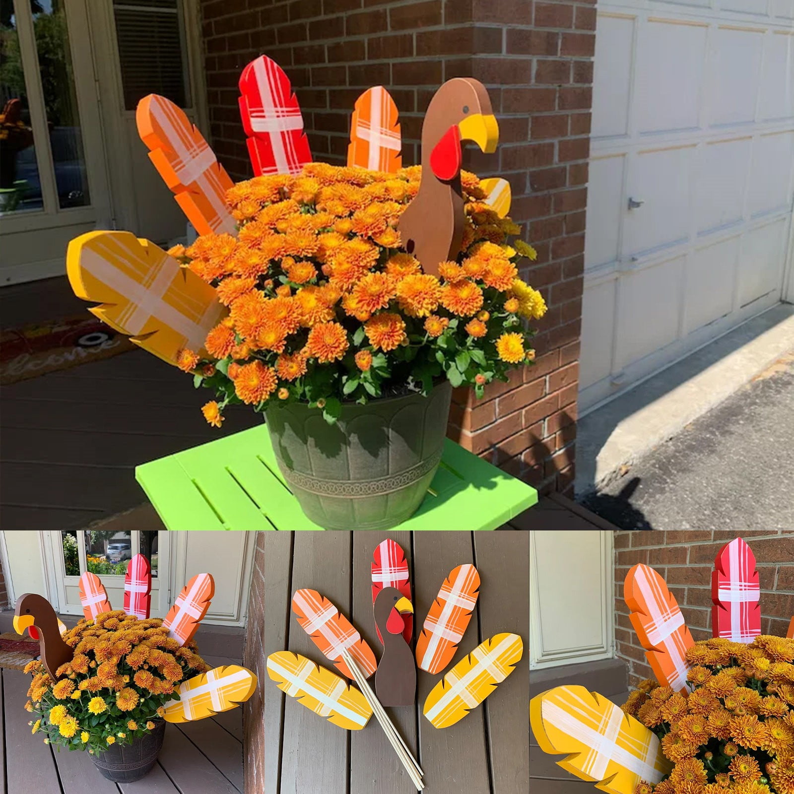LHWEN Thanksgiving Turkey Planter Sticks Handmade Wooden Fall ...