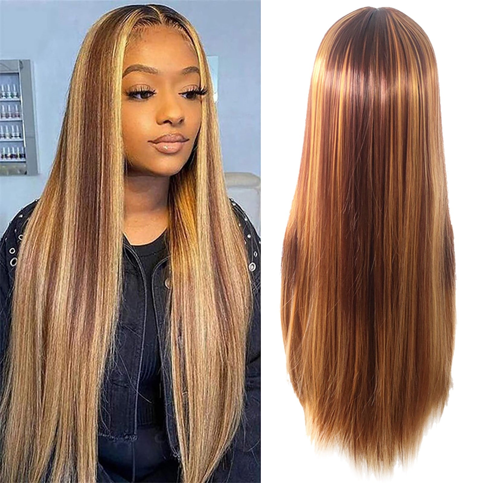 LHWEN Women's Brown Gold Long Straight Hair Wig Set Human Hair Full ...
