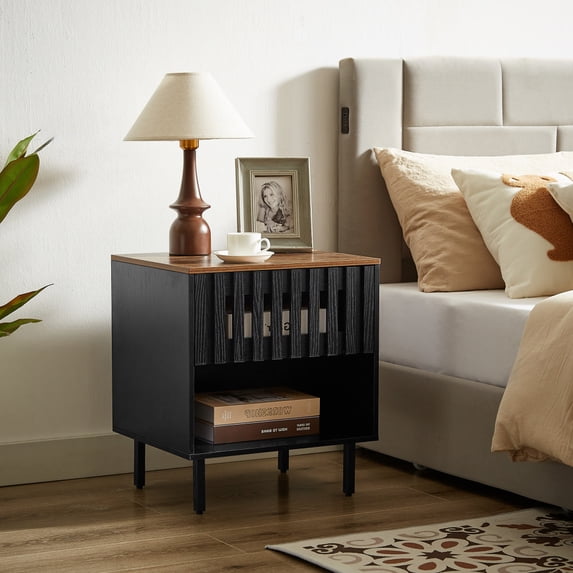 LHYY 2 Set Nightstands with Grille Striped Doors,Mid Century Modern ...