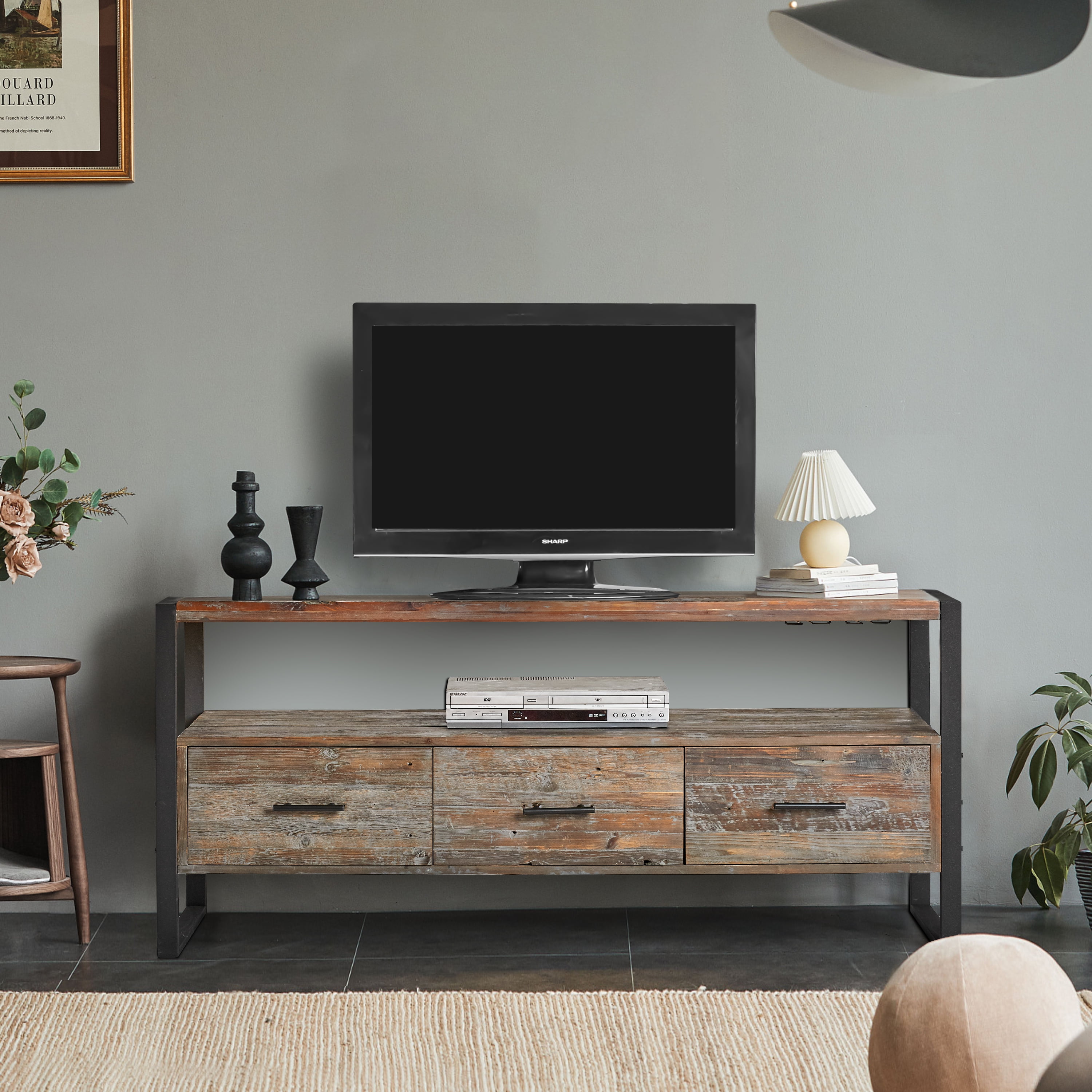 LHYY 60 inch Reclaimed wood Media TV Console table with 3 Drarwer,Open ...