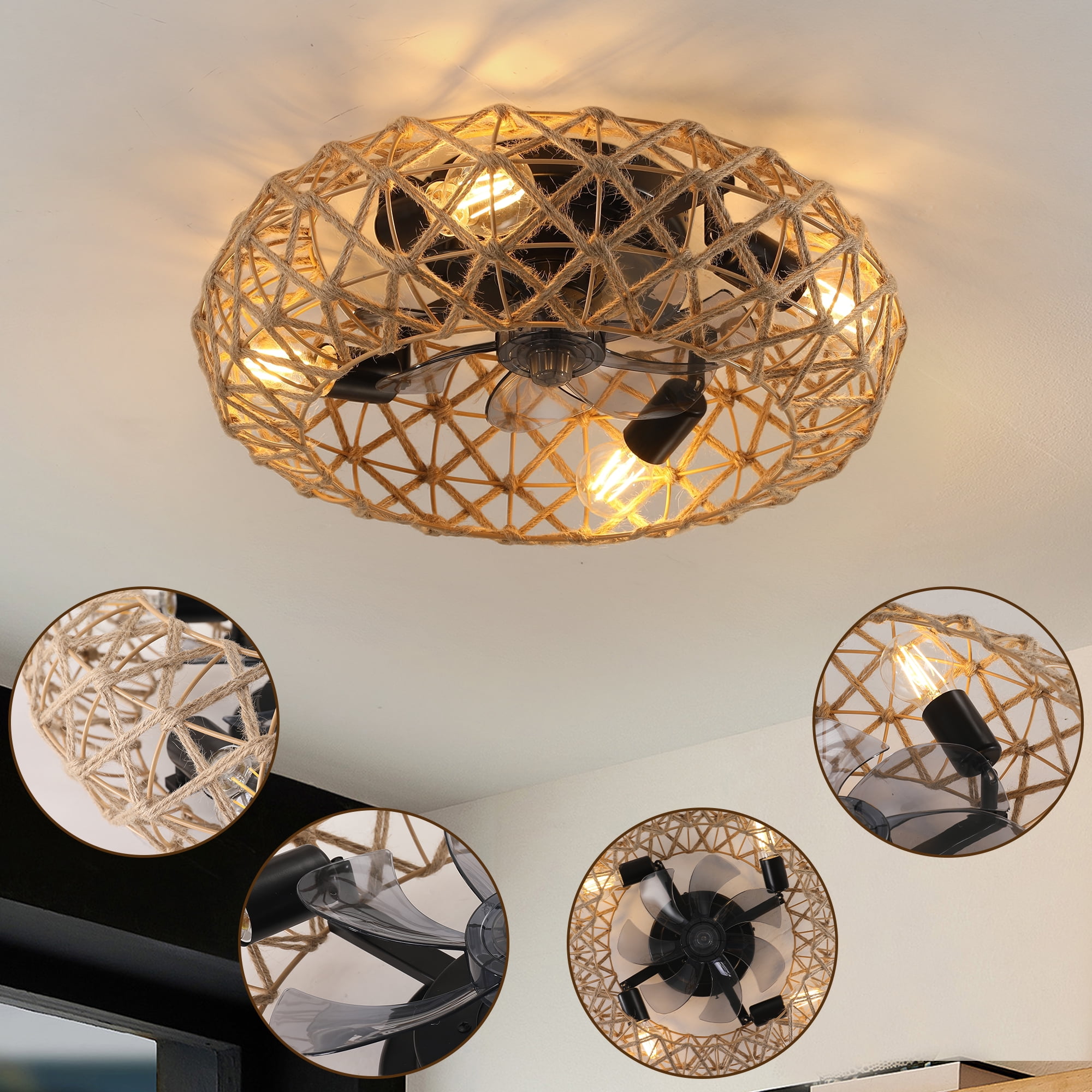 LHYY Ceiling-mounted Jute Rope Fan Light Strip with 4 Bulbs,Dimmable,7 ...
