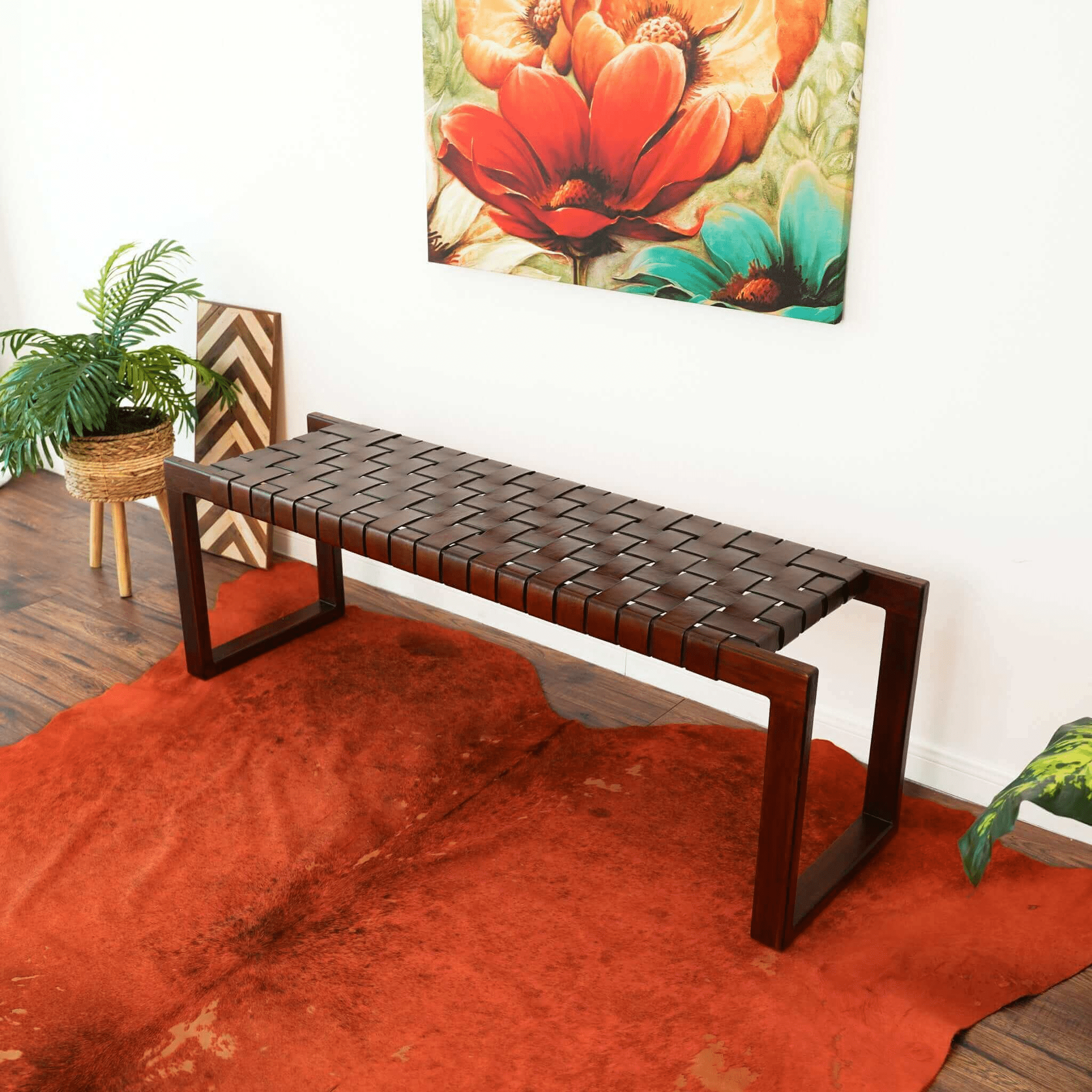 LHYY Christina Mid-Century Modern Tan Leather Bench with Solid Wood ...