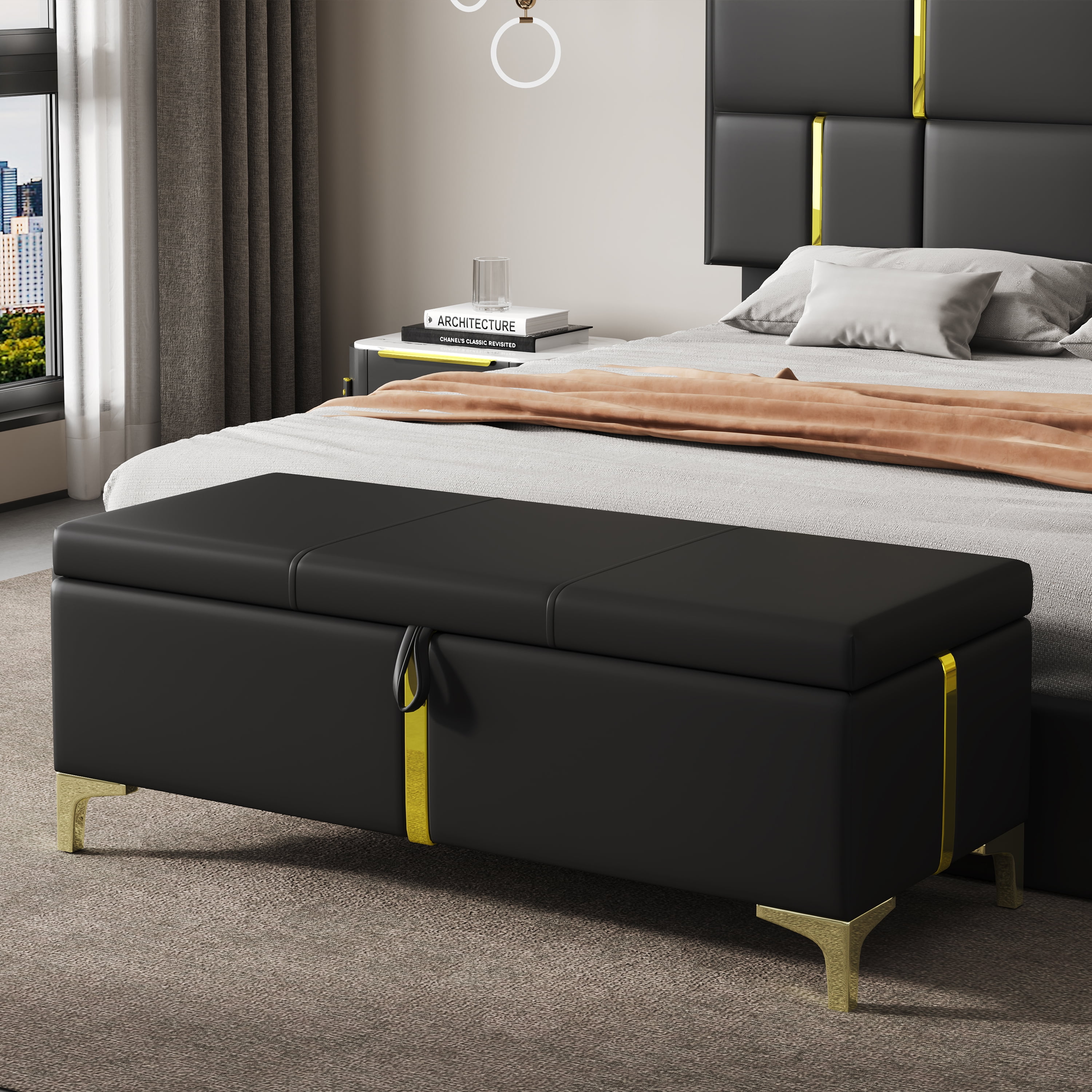 LHYY Elegant Upholstered Storage Ottoman,Storage Bench with Metal Legs ...