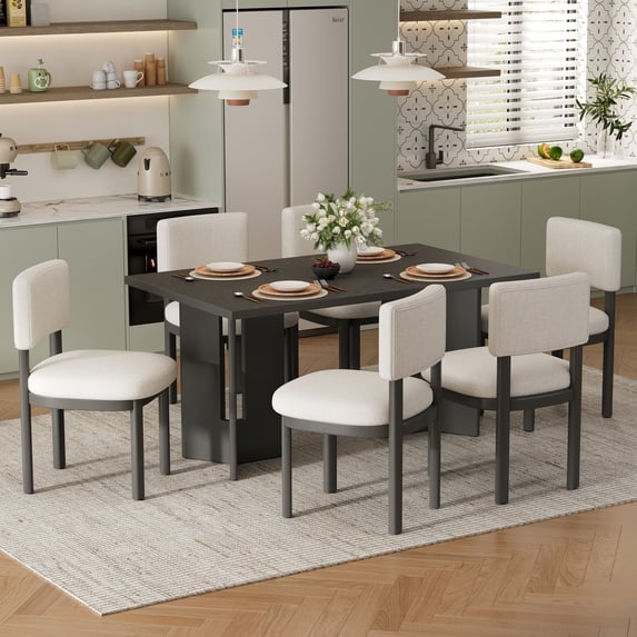 LHYY Farmhouse Wood Dining Table Set for 6 with 6 Upholstered Chairs,60 ...