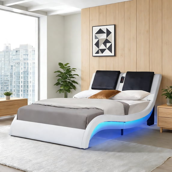 LHYY Faux Leather Upholstered Platform Bed Frame with led lighting ...