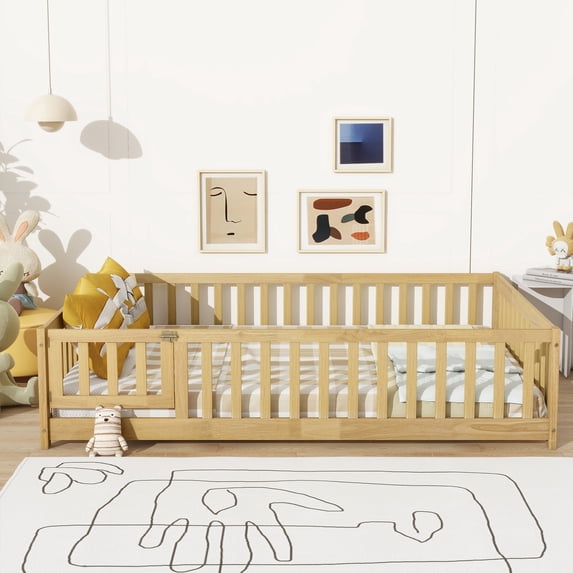 LHYY Full Size Floor Bed with Fence and Door,Rubber Wood Floor Bed with ...